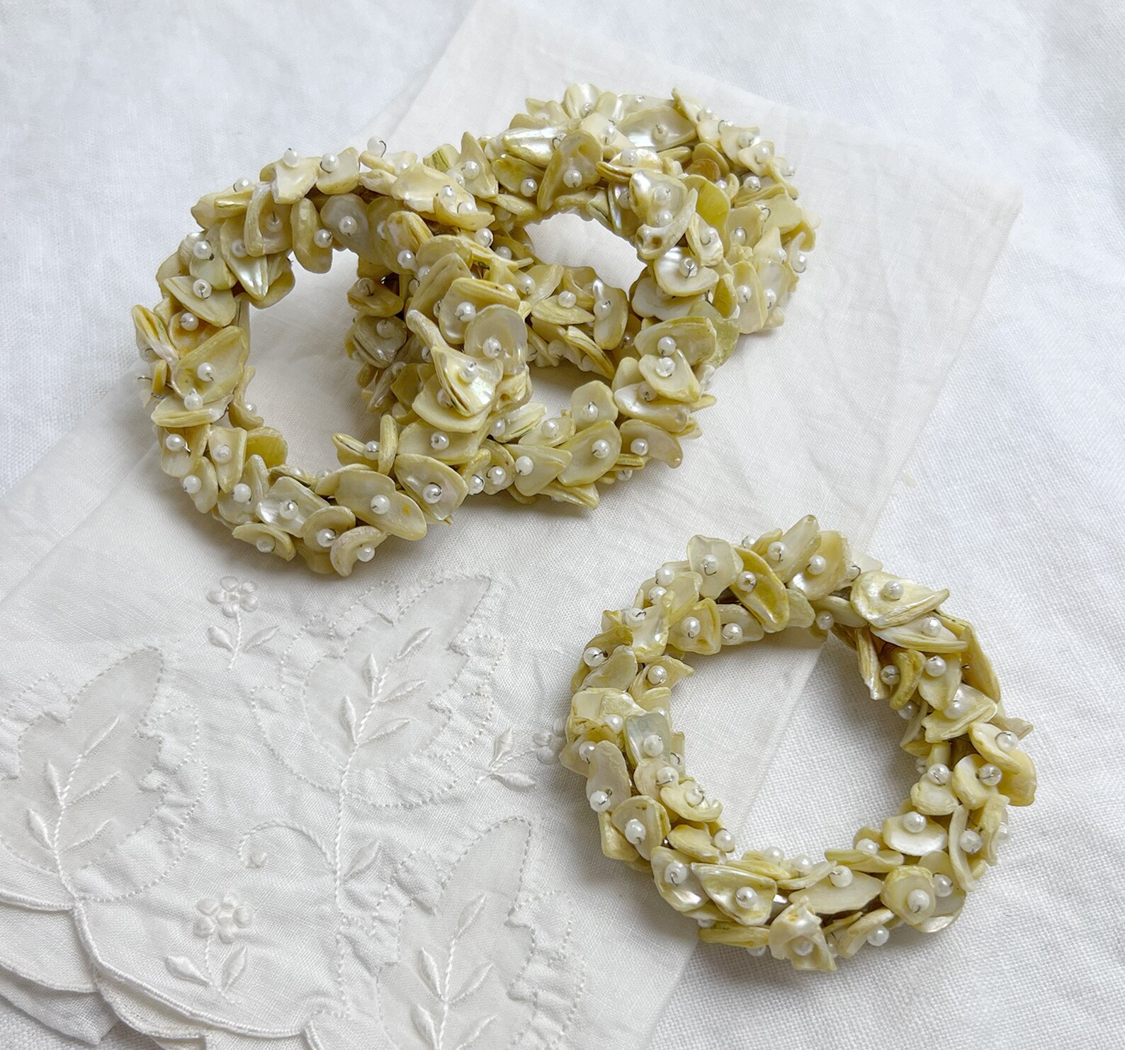 Set of Four Mother of Pearl Puka Shell Napkin Ring Holders With Seed ...