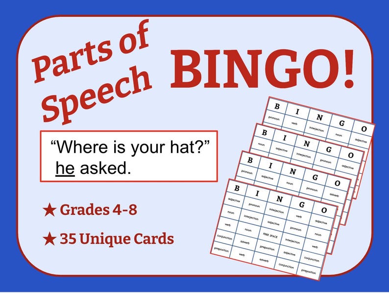 Parts of Speech Bingo Game - Etsy