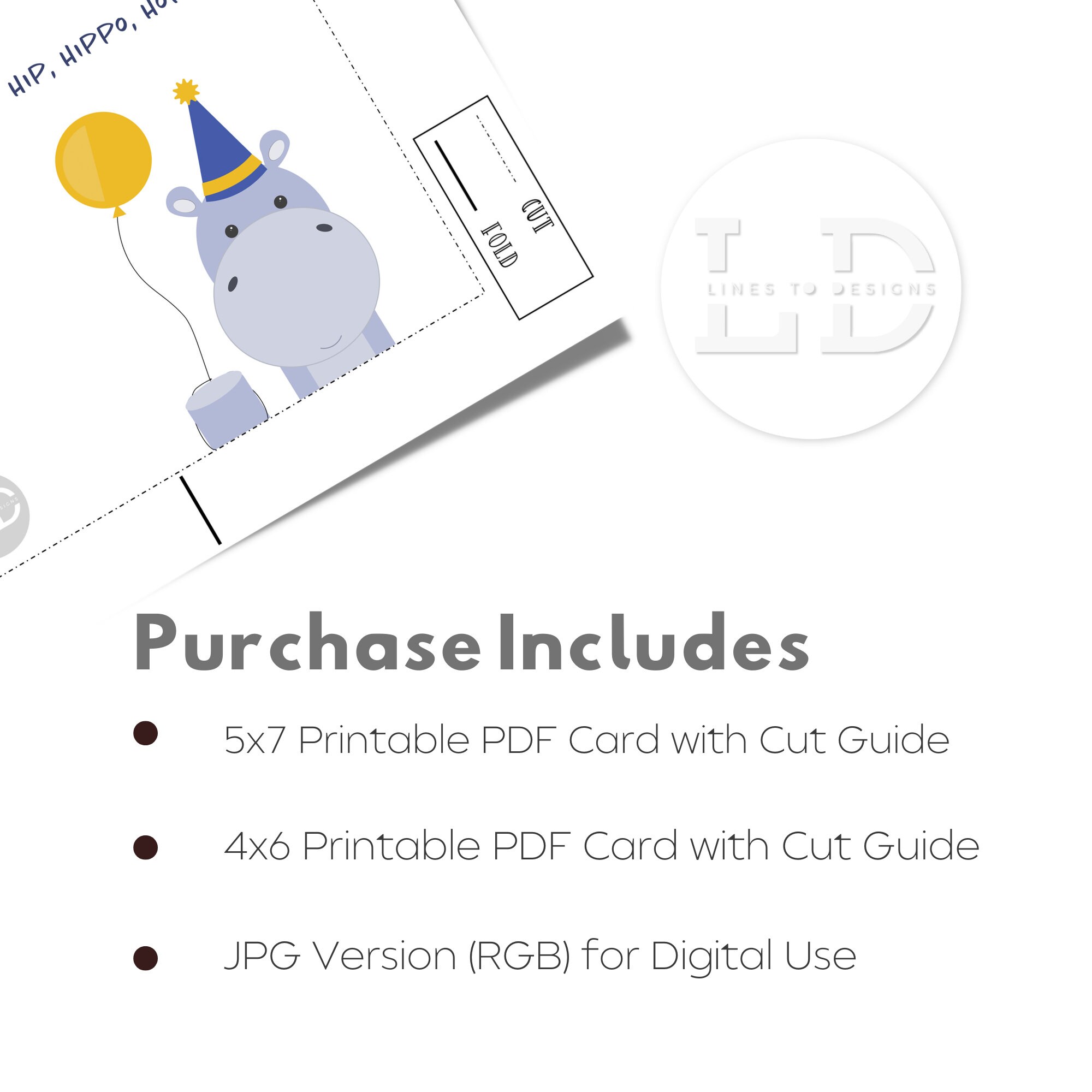 Printable Kids Birthday Card Hippo Zoo Animal Cute Funny Greeting Card ...