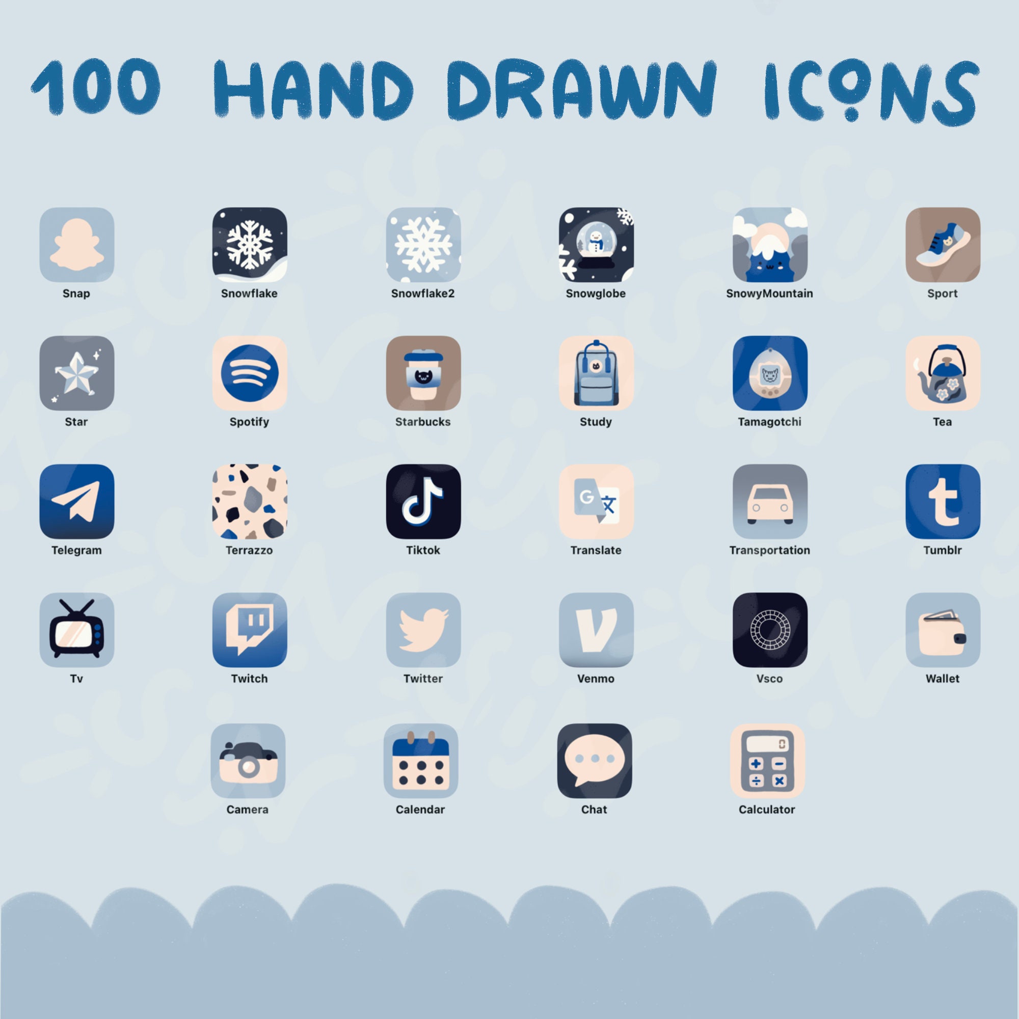 Winter Themed Ios & Android App Icon Pack | 100 Hand Drawn App Icons ...