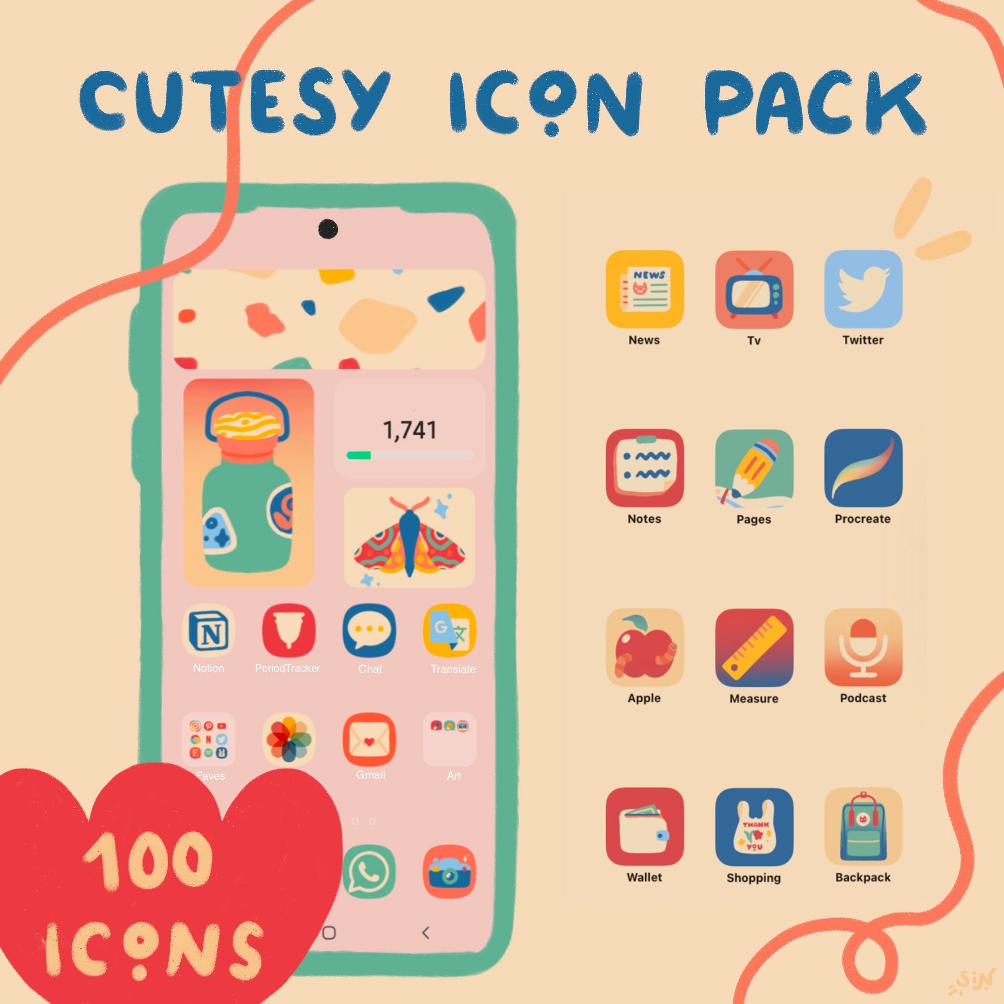 Cutesy Ios & Android App Icon Pack | 100 Hand Drawn App Icons | Widgets ...