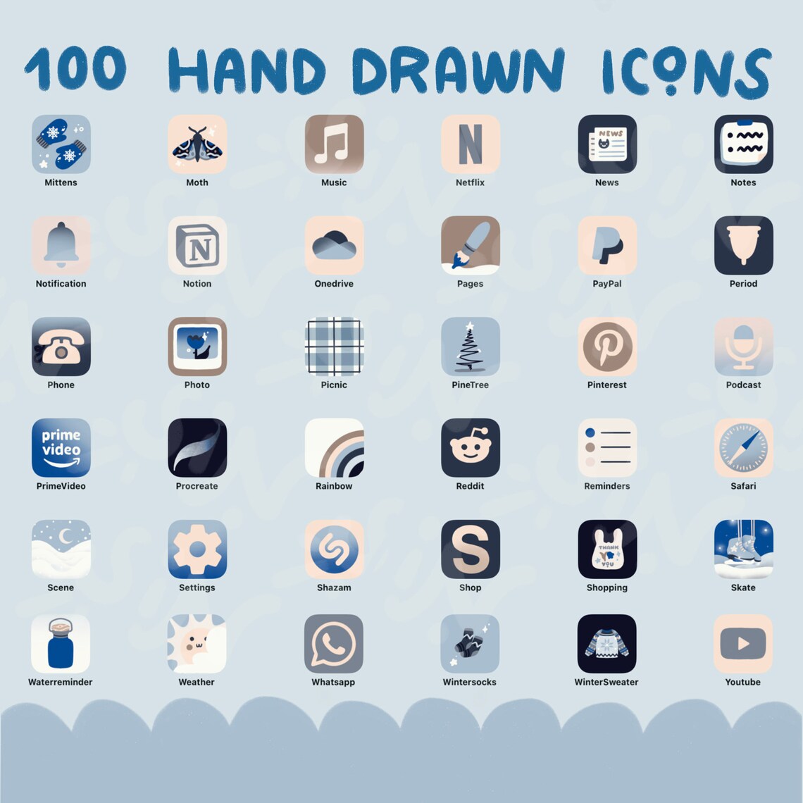 Winter Themed Ios & Android App Icon Pack | 100 Hand Drawn App Icons ...