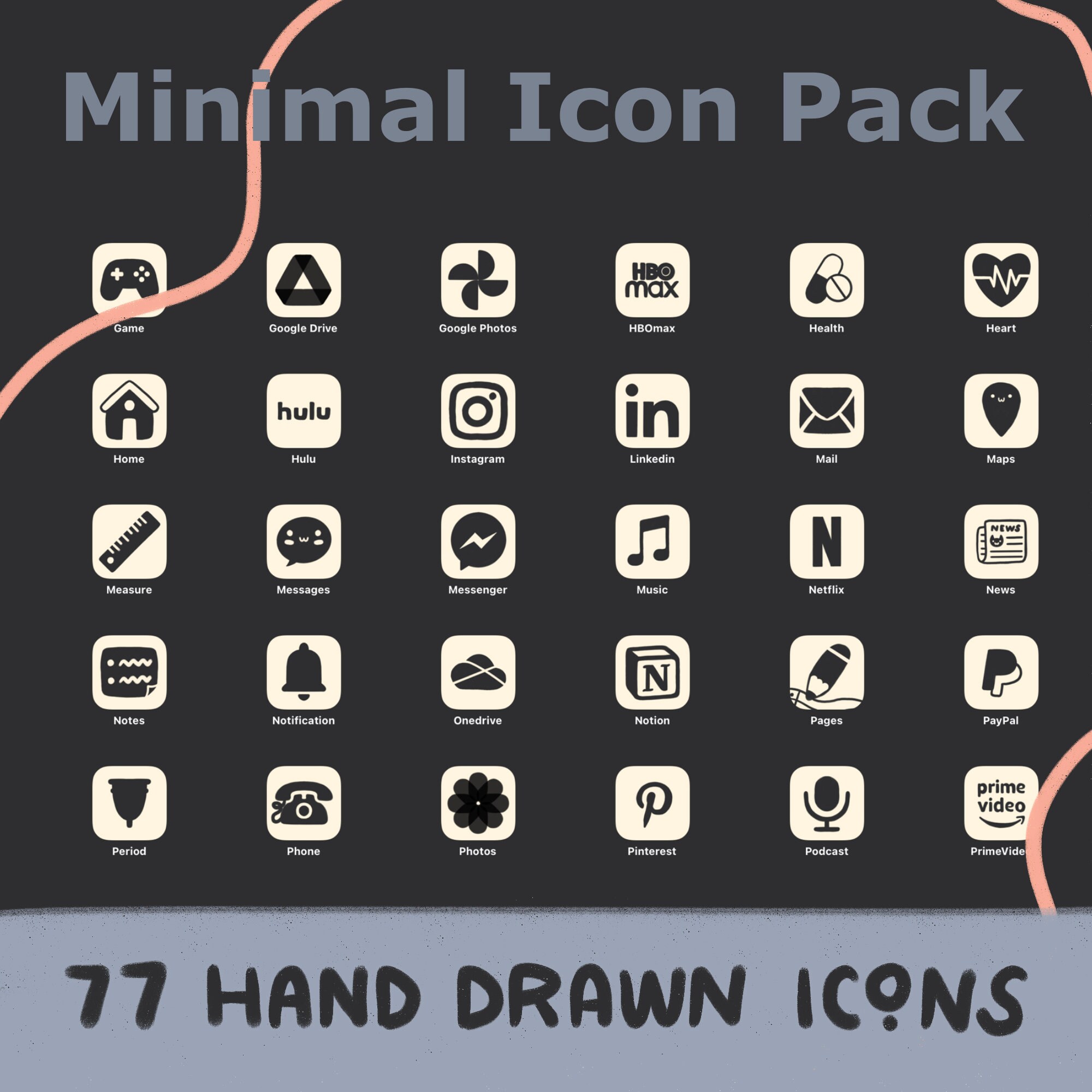 Minimal Ios & Android App Icon Pack | 77 Hand Drawn App Icons | Widgets ...