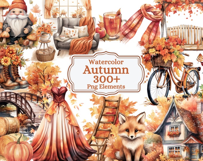 Watercolor Cozy Cabin Fall Clipart Set, Fall PNG, Watercolor Autumn ...