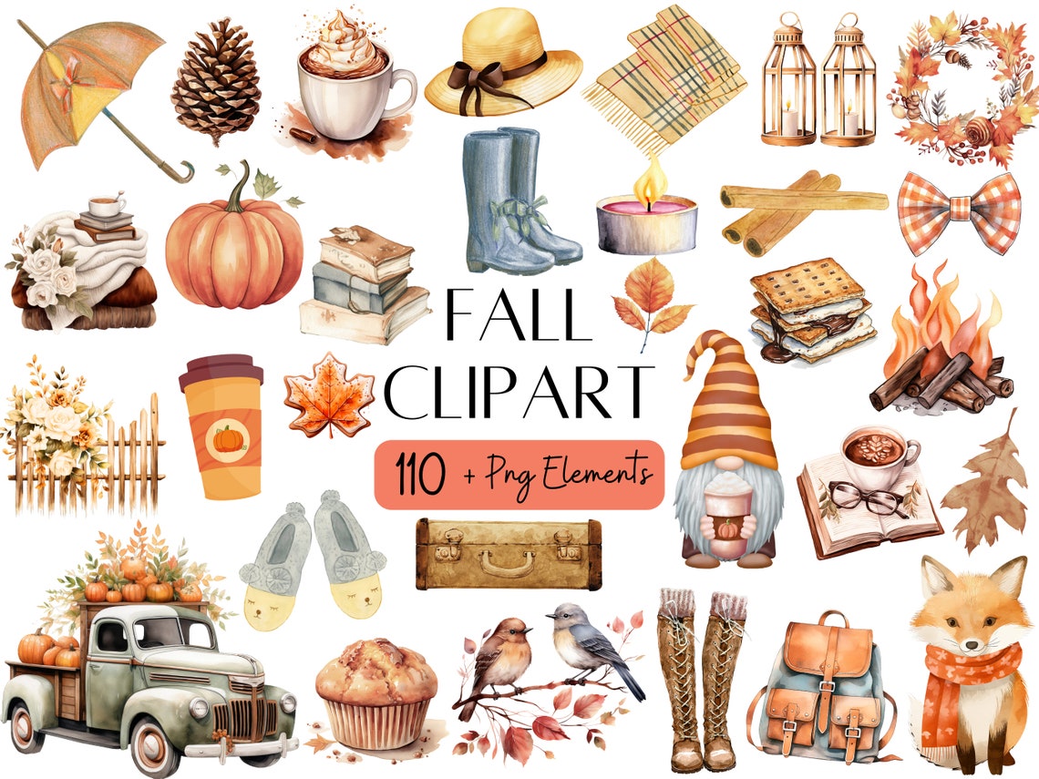 Fall Clipart Set | Autumn Watercolor Designs, 110 PNG Files - Etsy