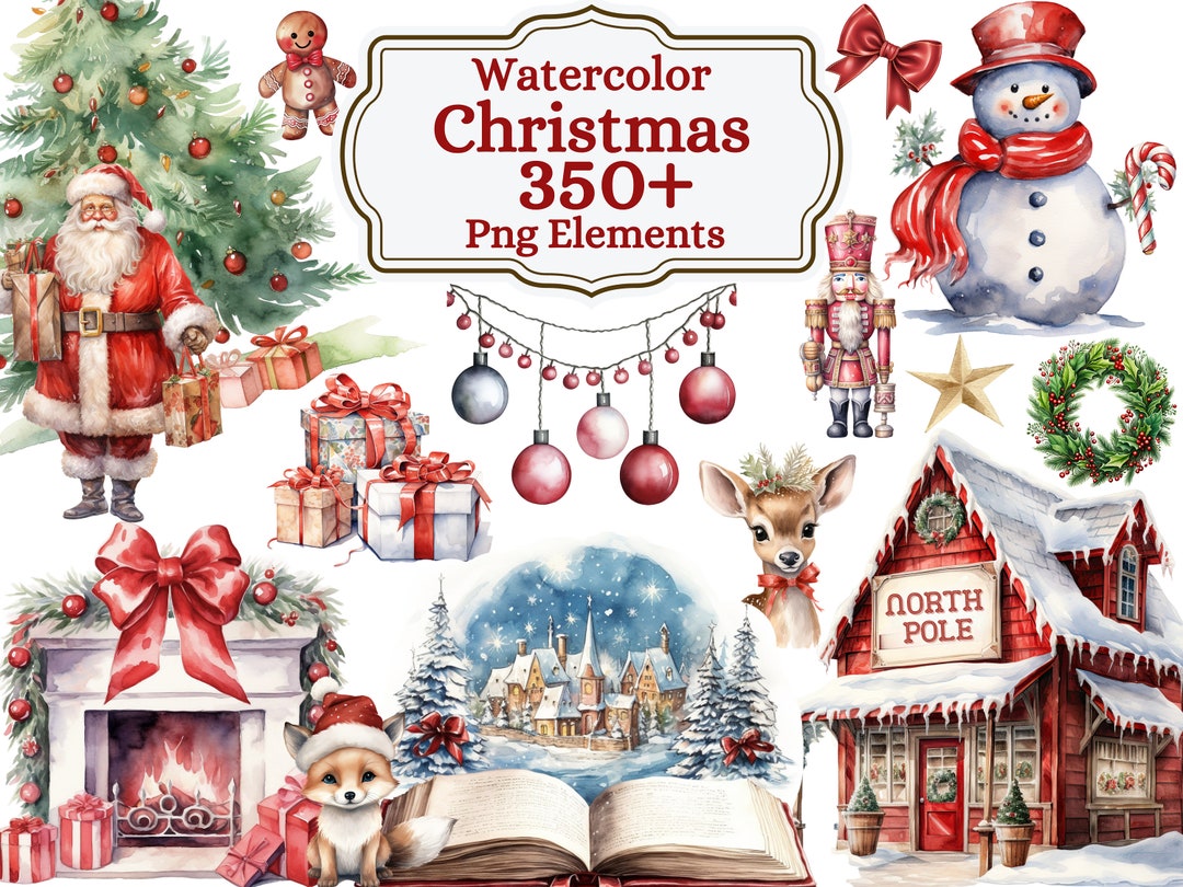 Watercolor Christmas Clipart Bundle, Holiday PNG Images (digital ...