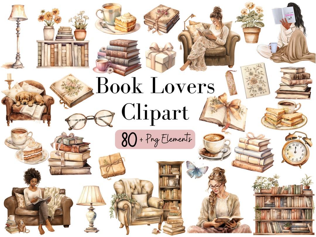 Book Lovers Clipart Digital Stickers Girl Book Lovers Watercolor ...