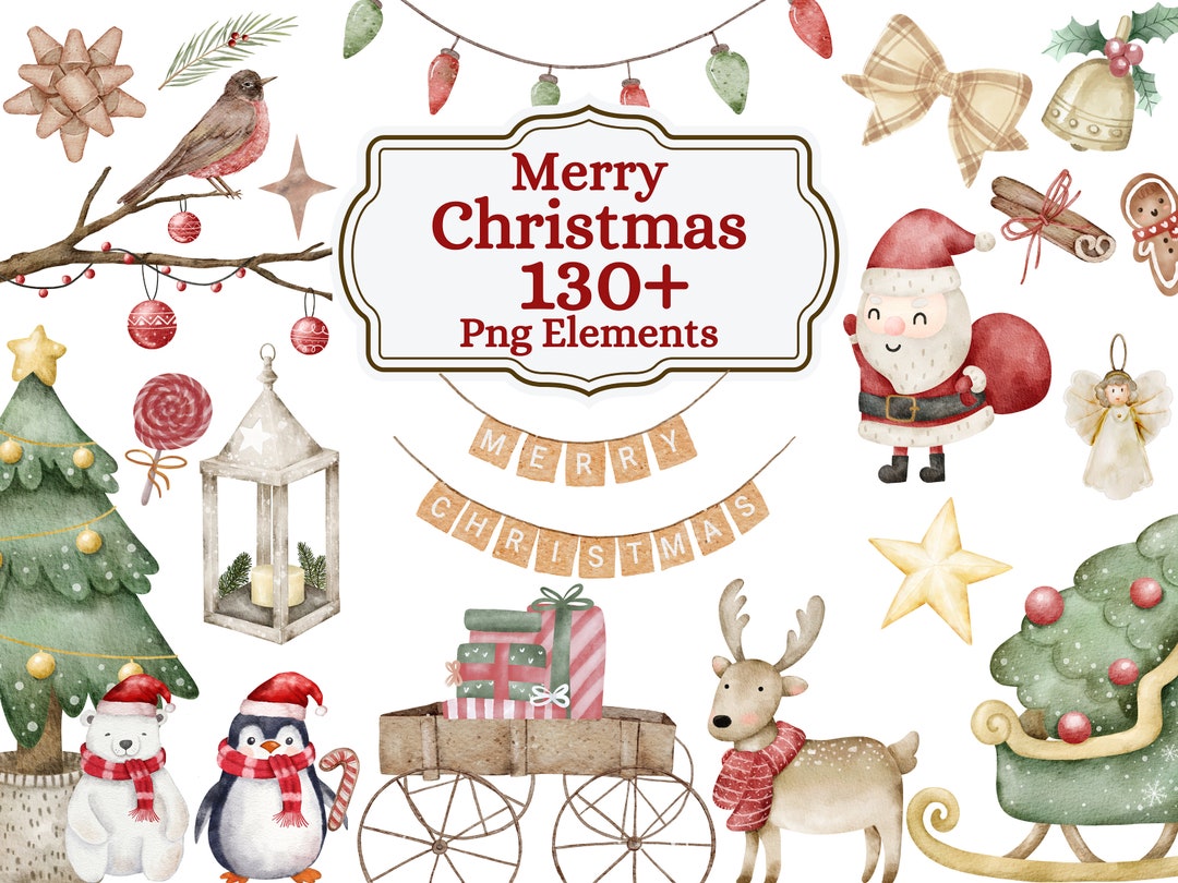 Watercolor Christmas Clipart Bundle, Holiday PNG Graphics (digital ...