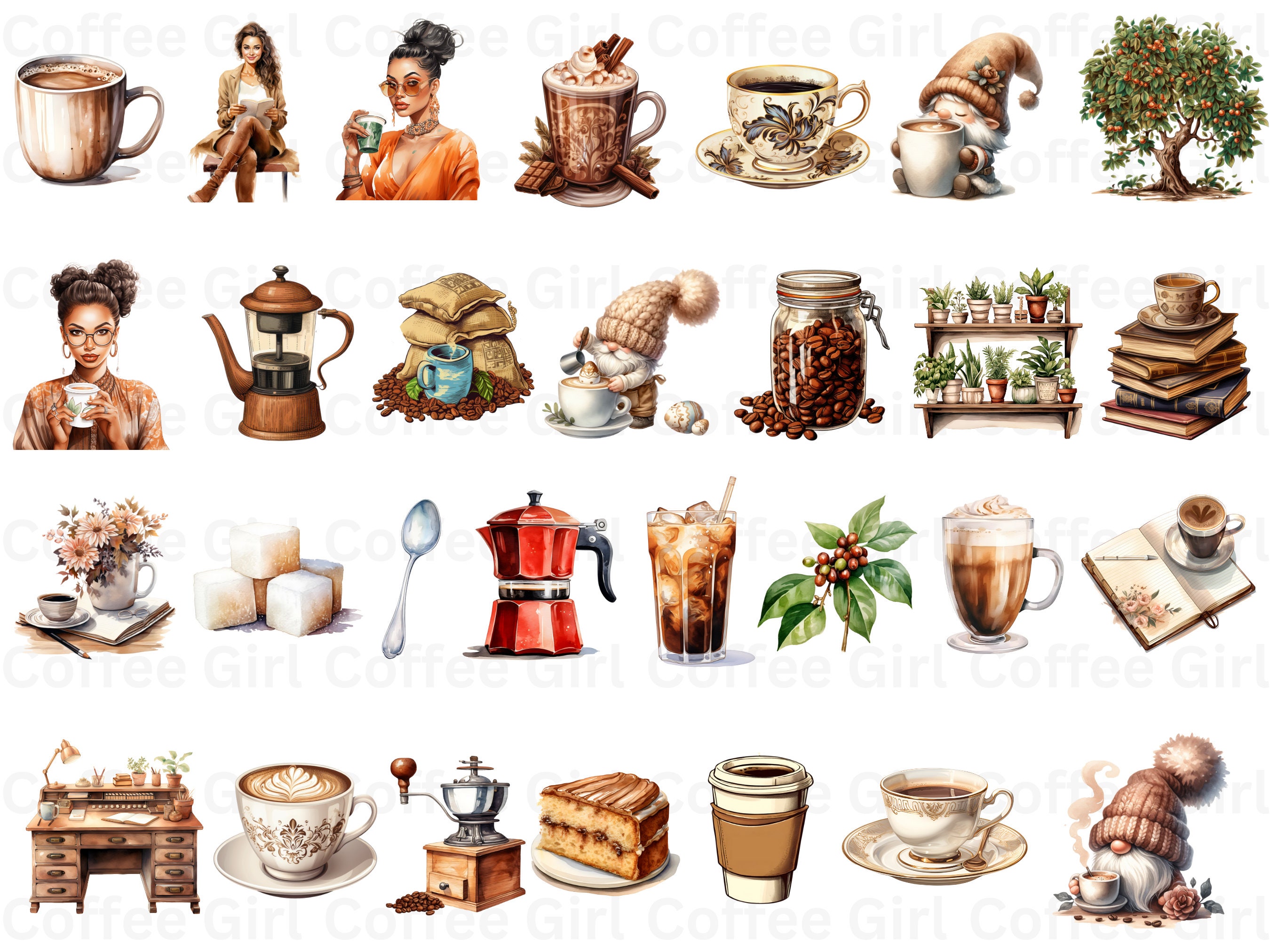 Watercolor Coffee Clipart Bundle, Coffee Girl, Cafe Scenes (digital ...
