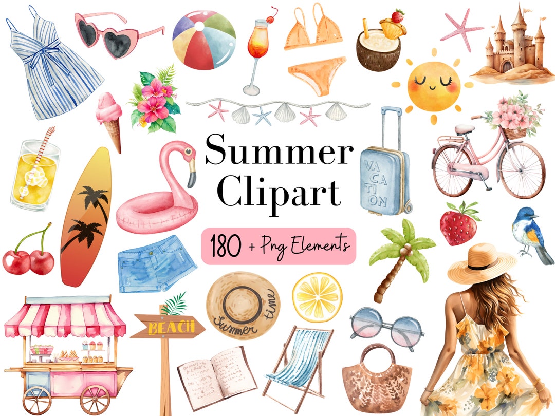 Summer Clipart Set Watercolor Summer Clipart Beach Clipart Summer ...