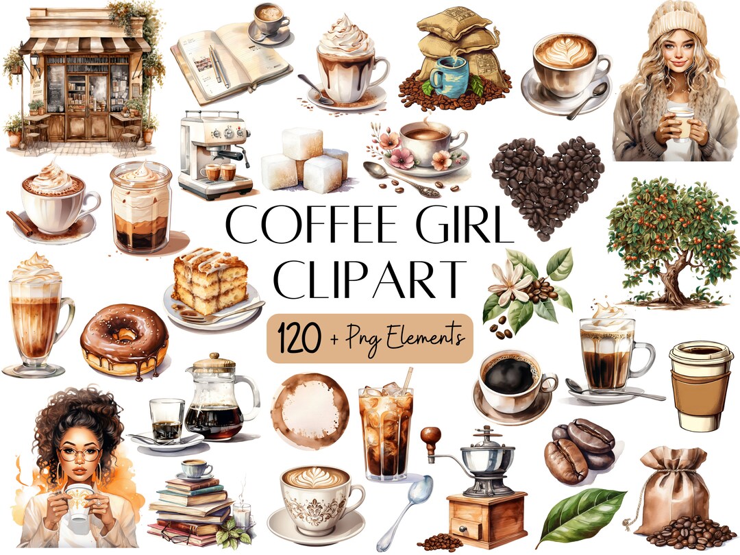 Watercolor Coffee Clipart Bundle, Coffee Girl, Cafe Scenes (digital ...