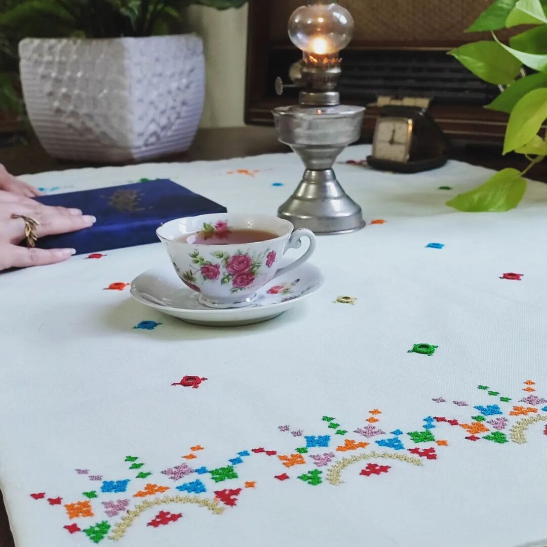 Hand-embroidered Tablecloth With Iranian Motifs, Embroidered Mirror ...