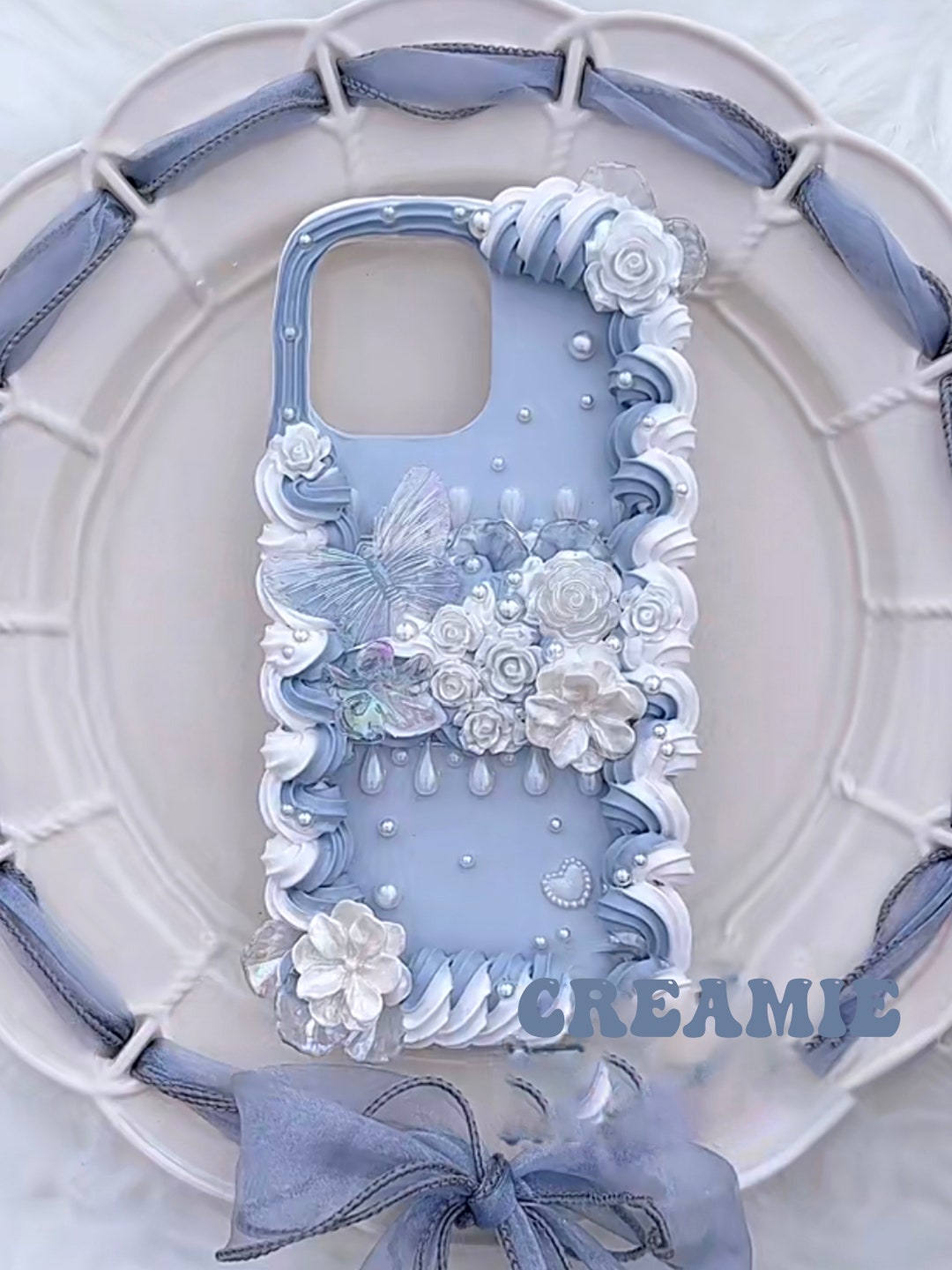 Hazy Blue Baroque Style Decoden Phone Case, Blue Roses and Butterfly ...