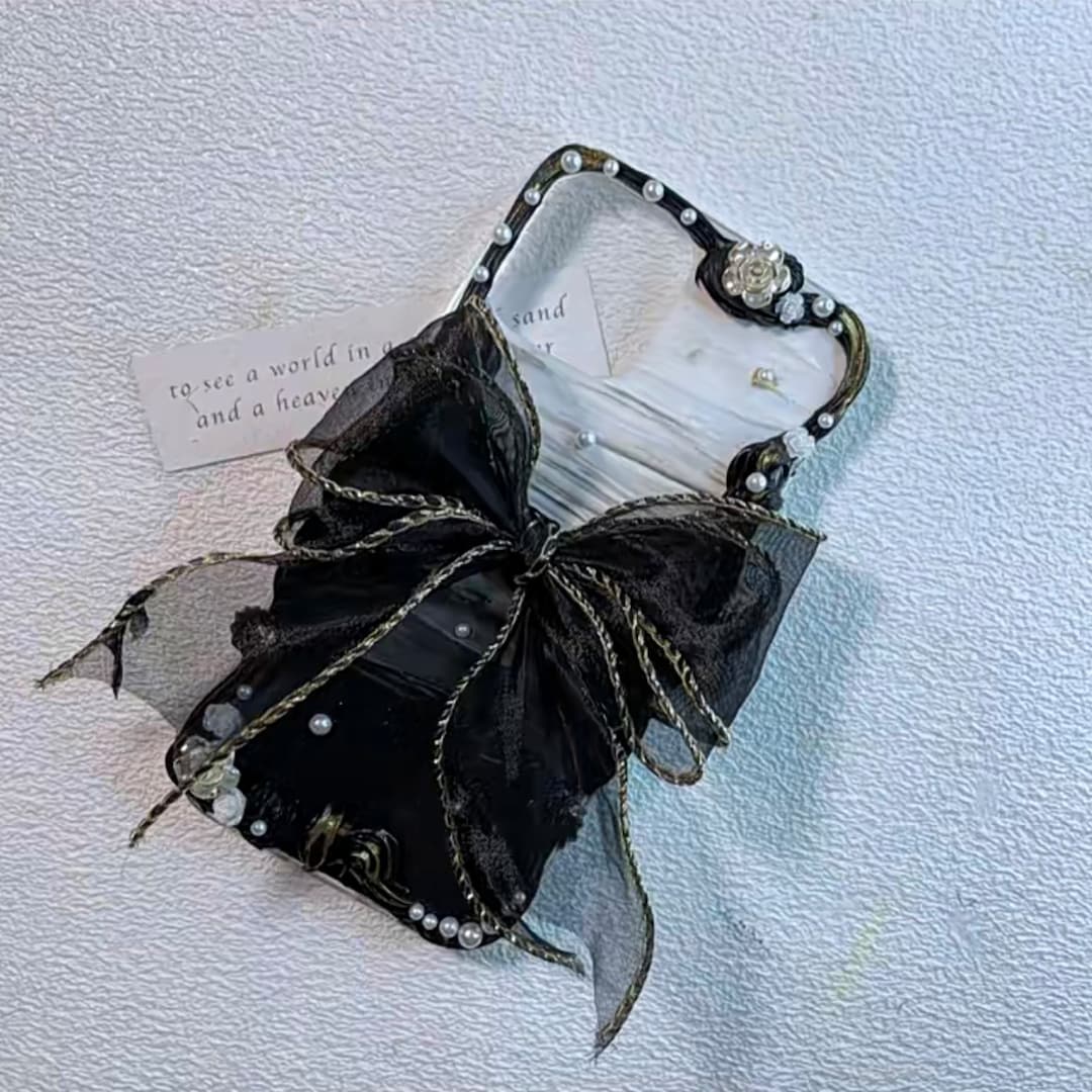 Black Bow Baroque Style Decoden Phone Case for All Brand, Black Fake ...