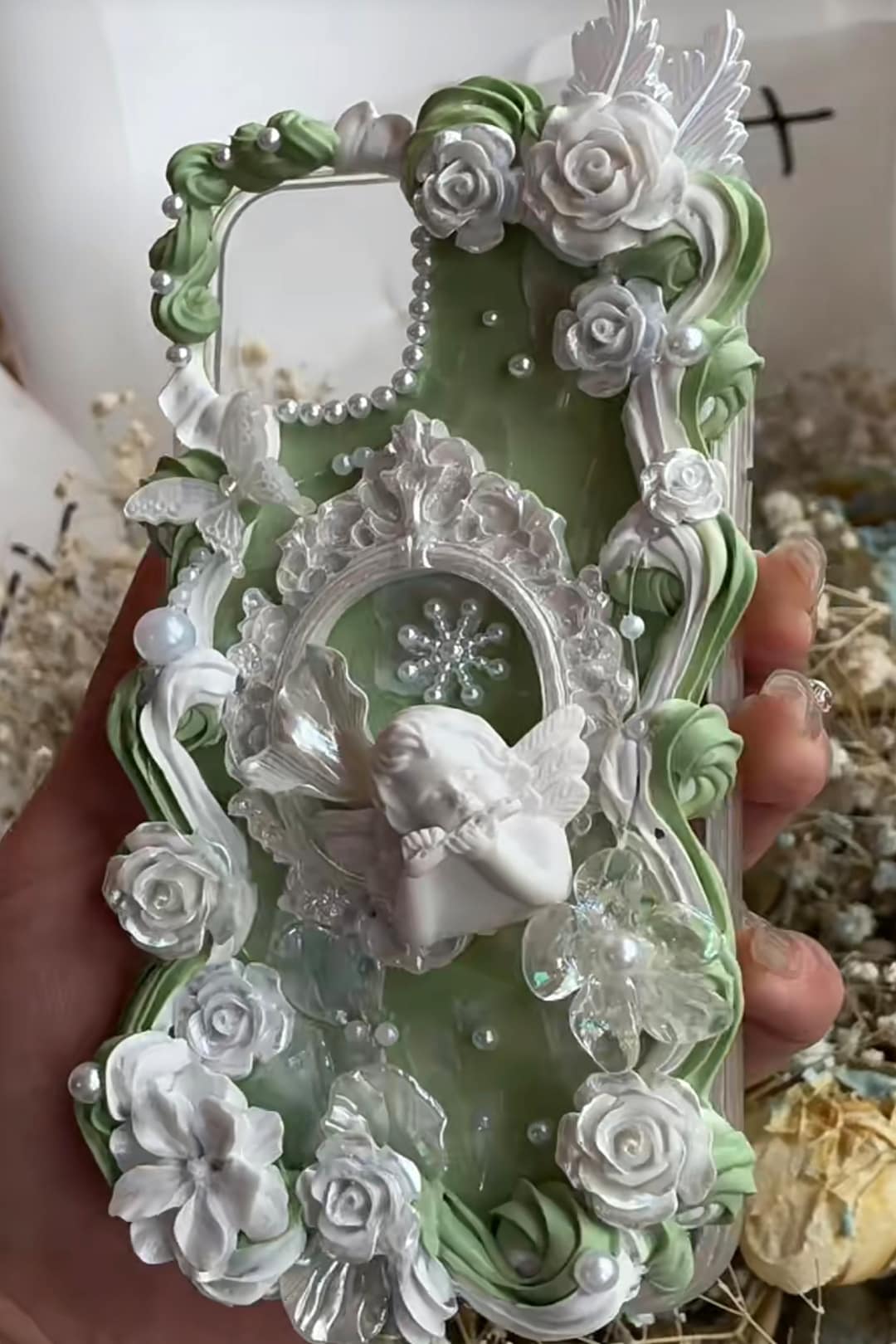 Green Decoden Phone Case for All Brand, Baroque Floral Garden Icing ...