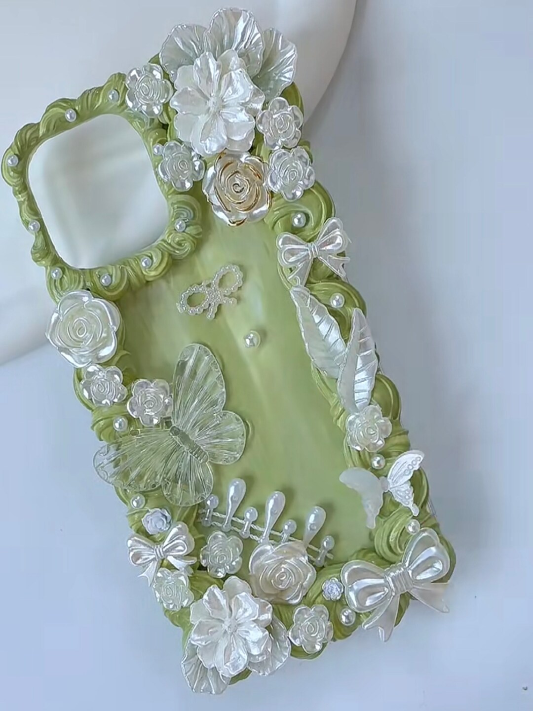 Pastel Green Floral Decoden Phone Case for All Brand, Baroque Fake ...