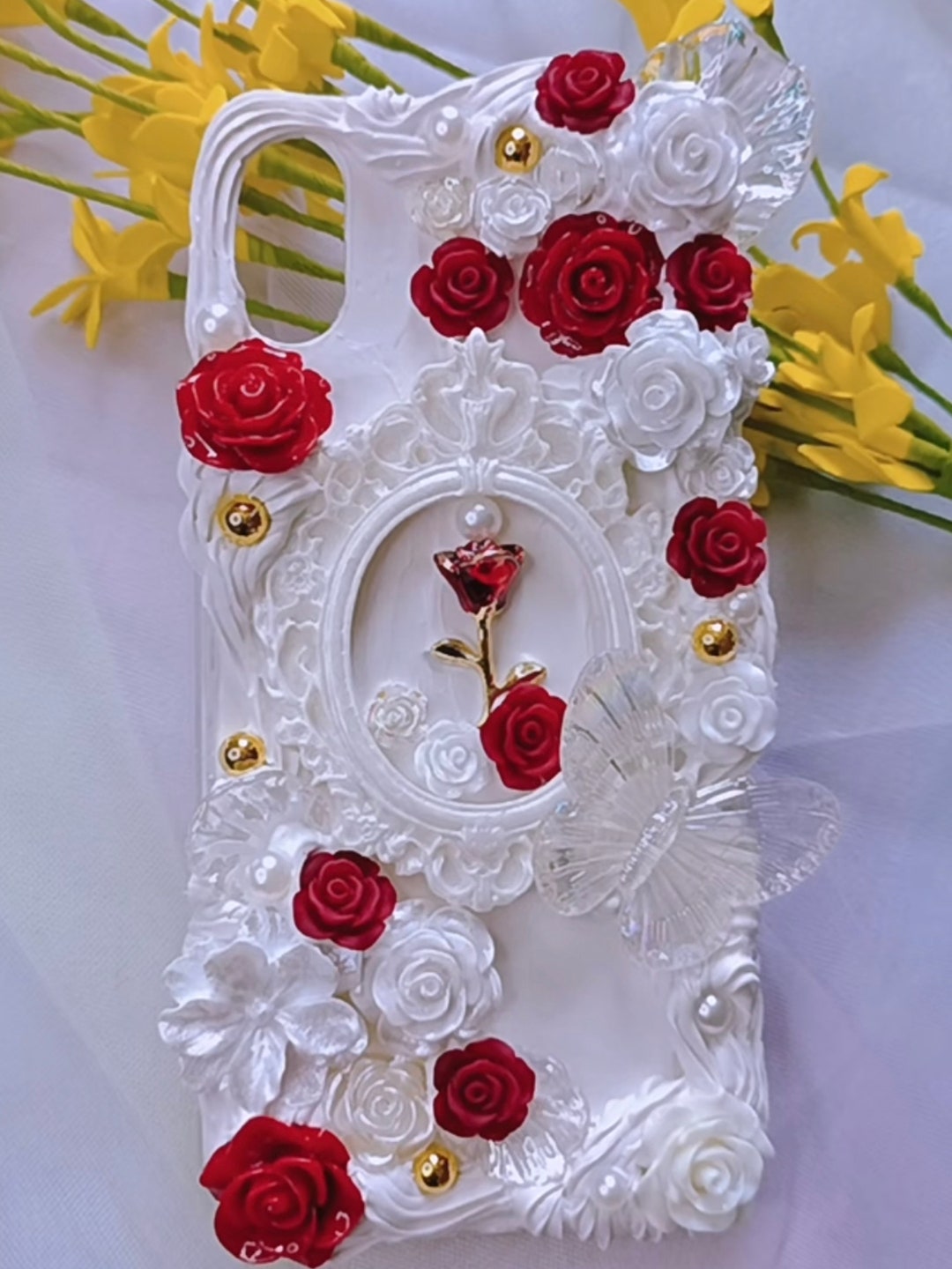 Decoden Phone Case for All Brand, Red and White Roses Baroque Floral ...