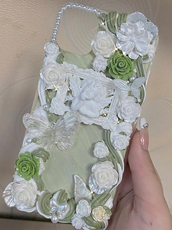 Matcha Green Roses and Angel Baroque Style Angel Decoden Phone - Etsy
