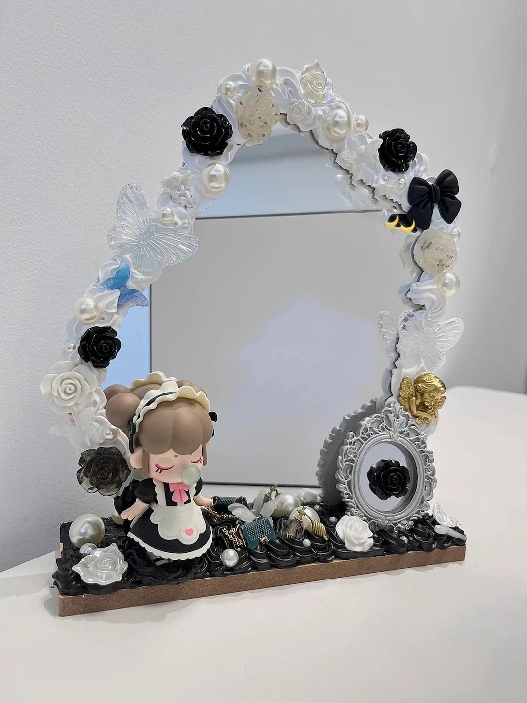 Chic Black and White Decoden Mirror With Cute Doll, Fake Cream ...
