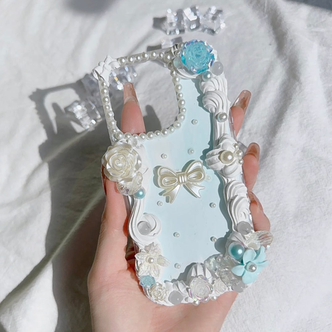 Baby Blue Decoden Phone Case for All Brand, Bow and Roses Cream Phone ...