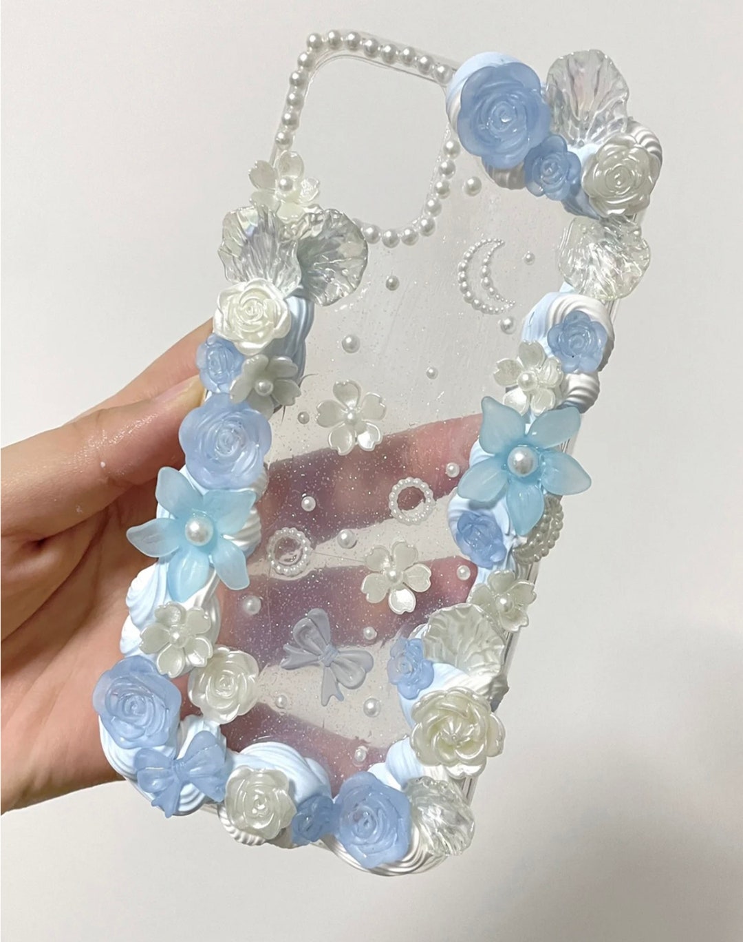 Light Blue Fresh Crystal Texture Clear Baroque Style Decoden Phone Case ...