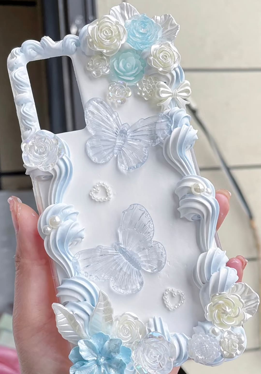 Light Blue Roses Decoden Phone Case for All Brand, Blue Butterfly ...