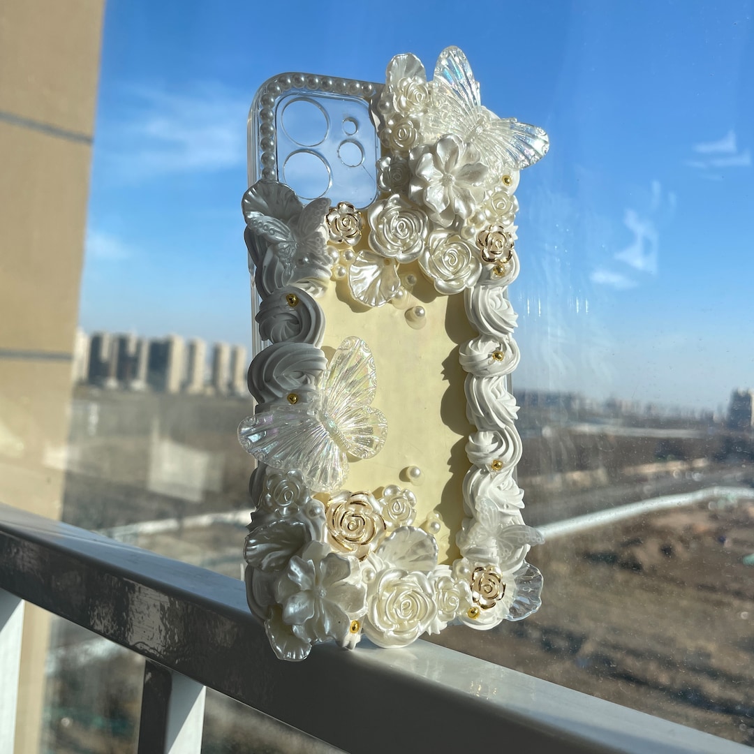 White Decoden Phone Case for All Brand With Butterflies, Baroque Roses ...