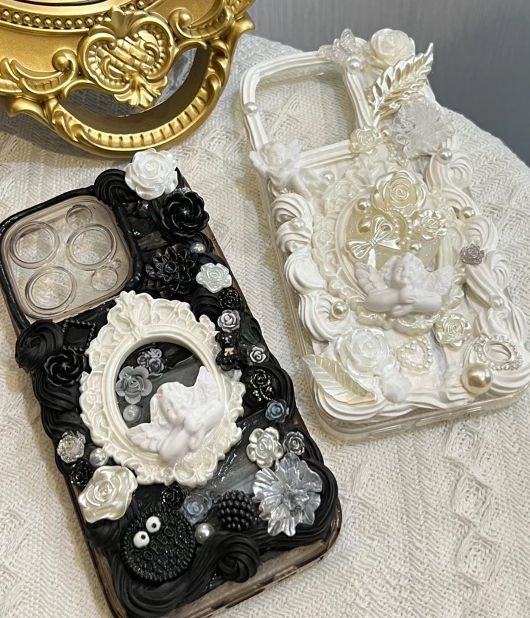 Black White Angel Decoden Phone Case for All Brand, Baroque Cream Phone ...