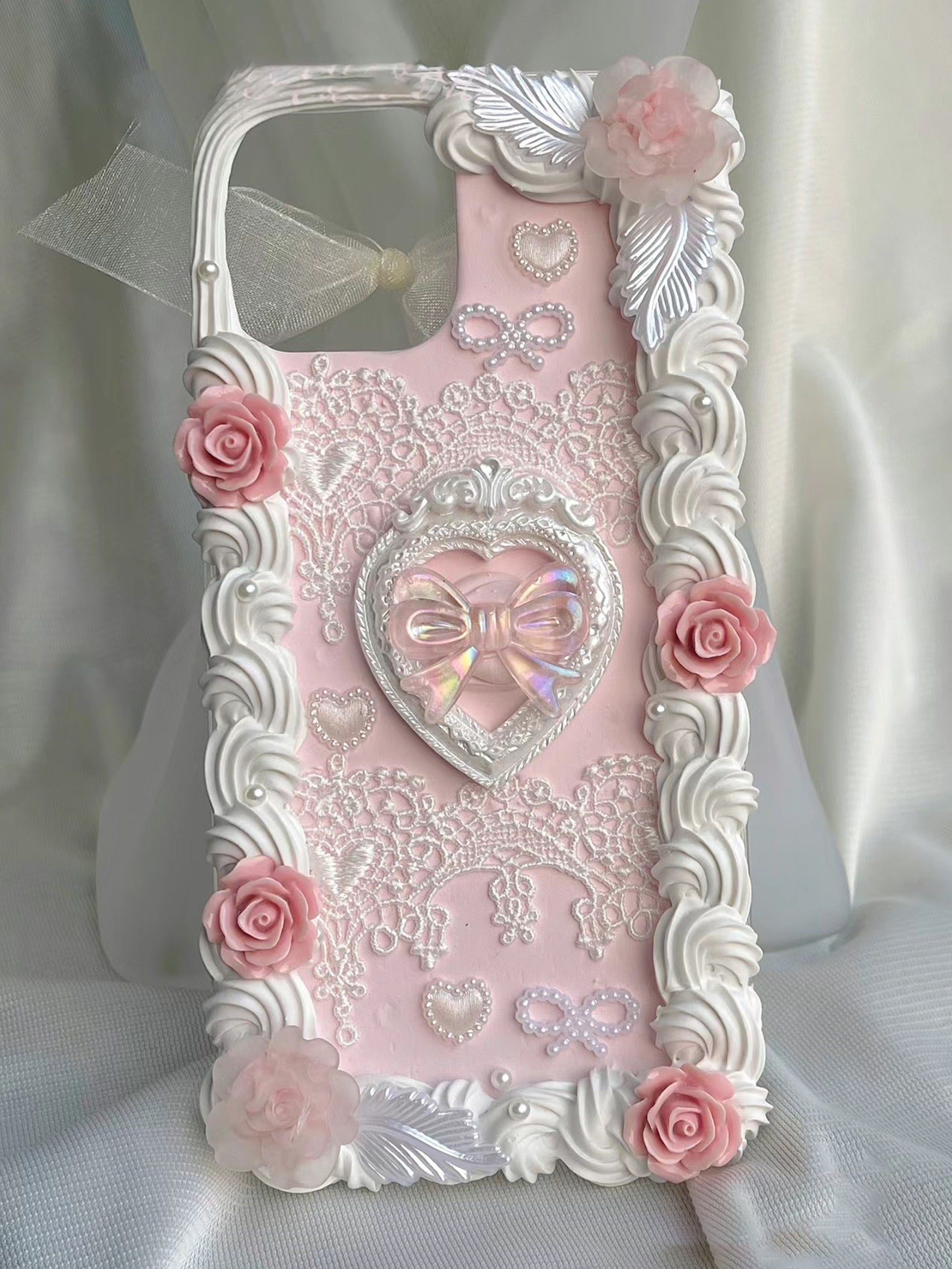 Baby Pink Heart Decoden Phone Case for All Brand, Light Pink Roses ...