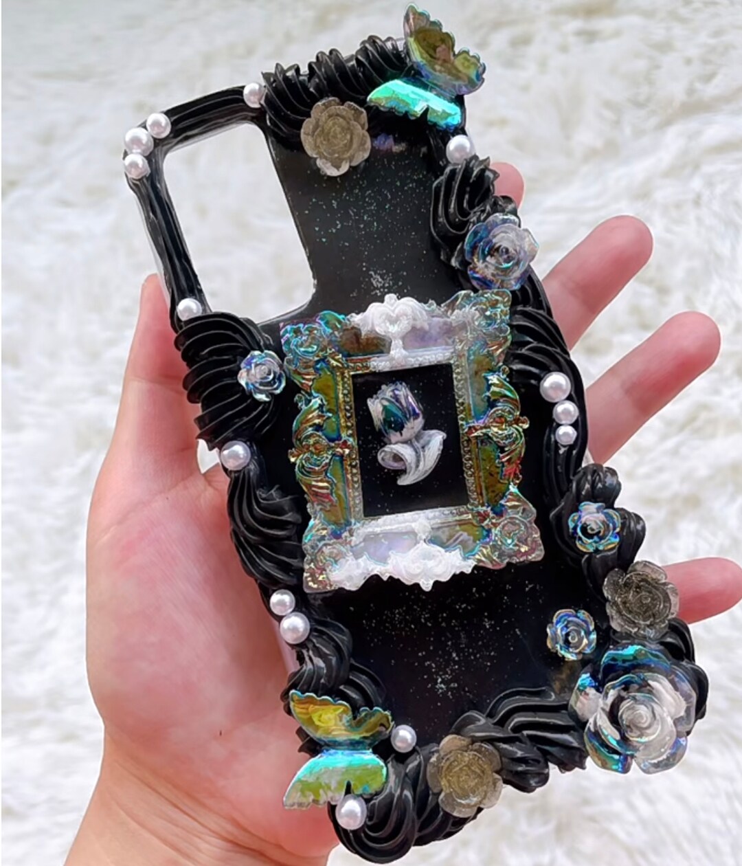 Black Rose Frame Decoden Phone Case for All Brand, Ombre Icing Decora ...