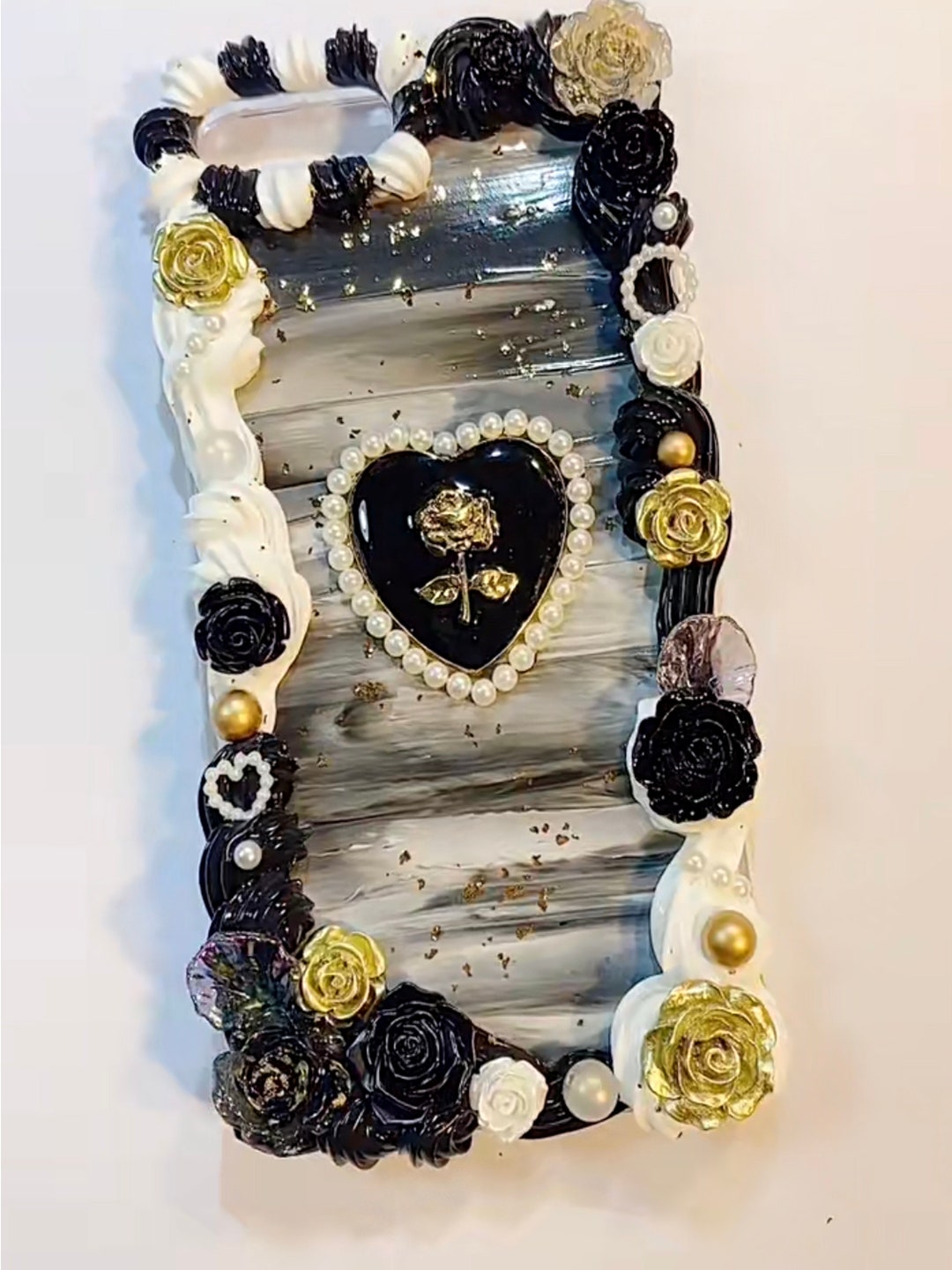 Black Heart and Gold Rose Decoden Phone Case, Gold Roses Handmade ...