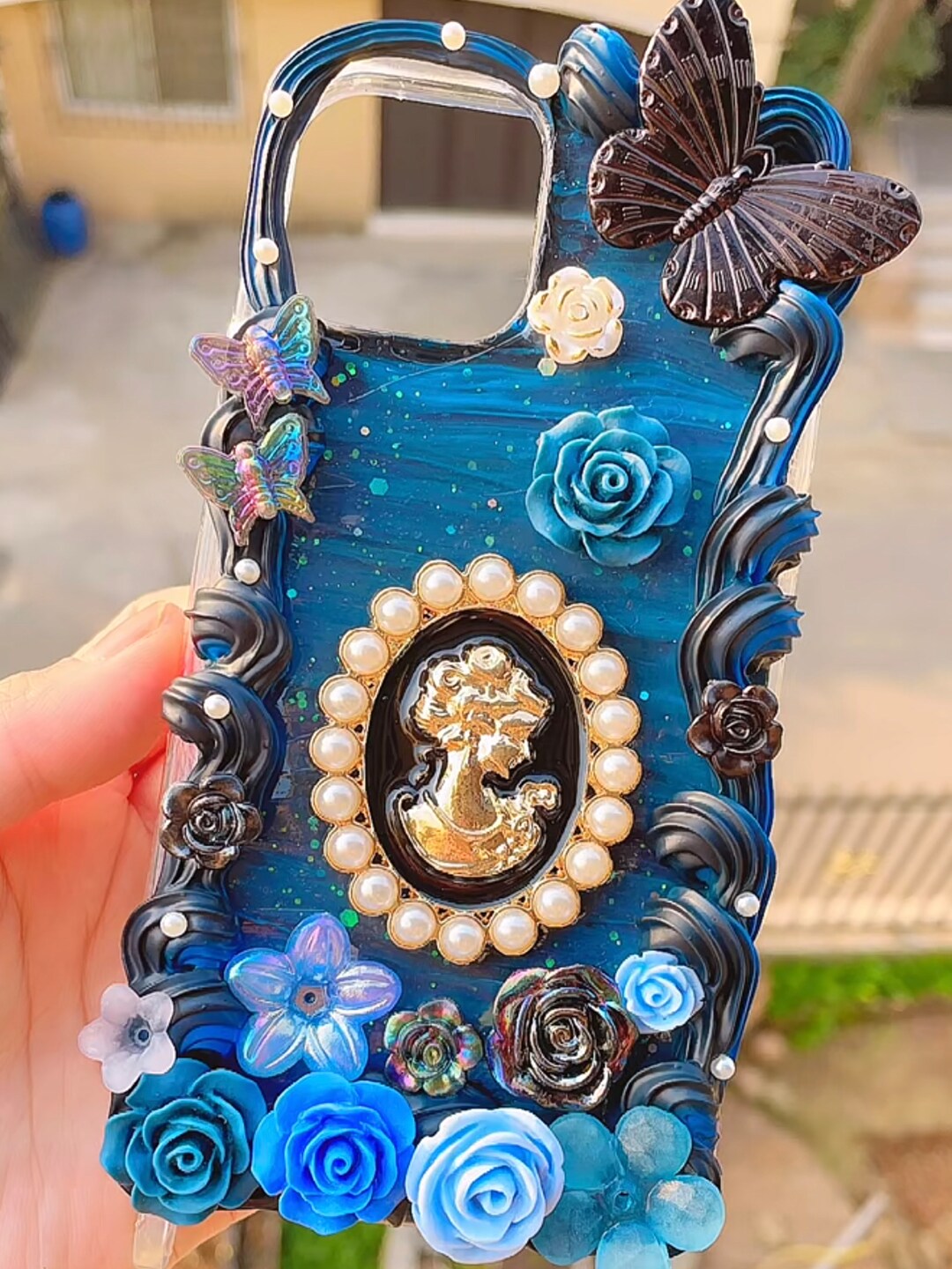 Dark Blue Decoden Phone Case for All Brand, Aesthetic Handmade Gift ...