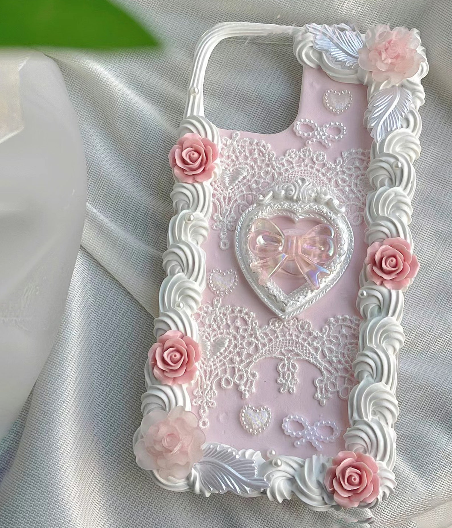 Baby Pink Heart Decoden Phone Case for All Brand, Light Pink Roses ...