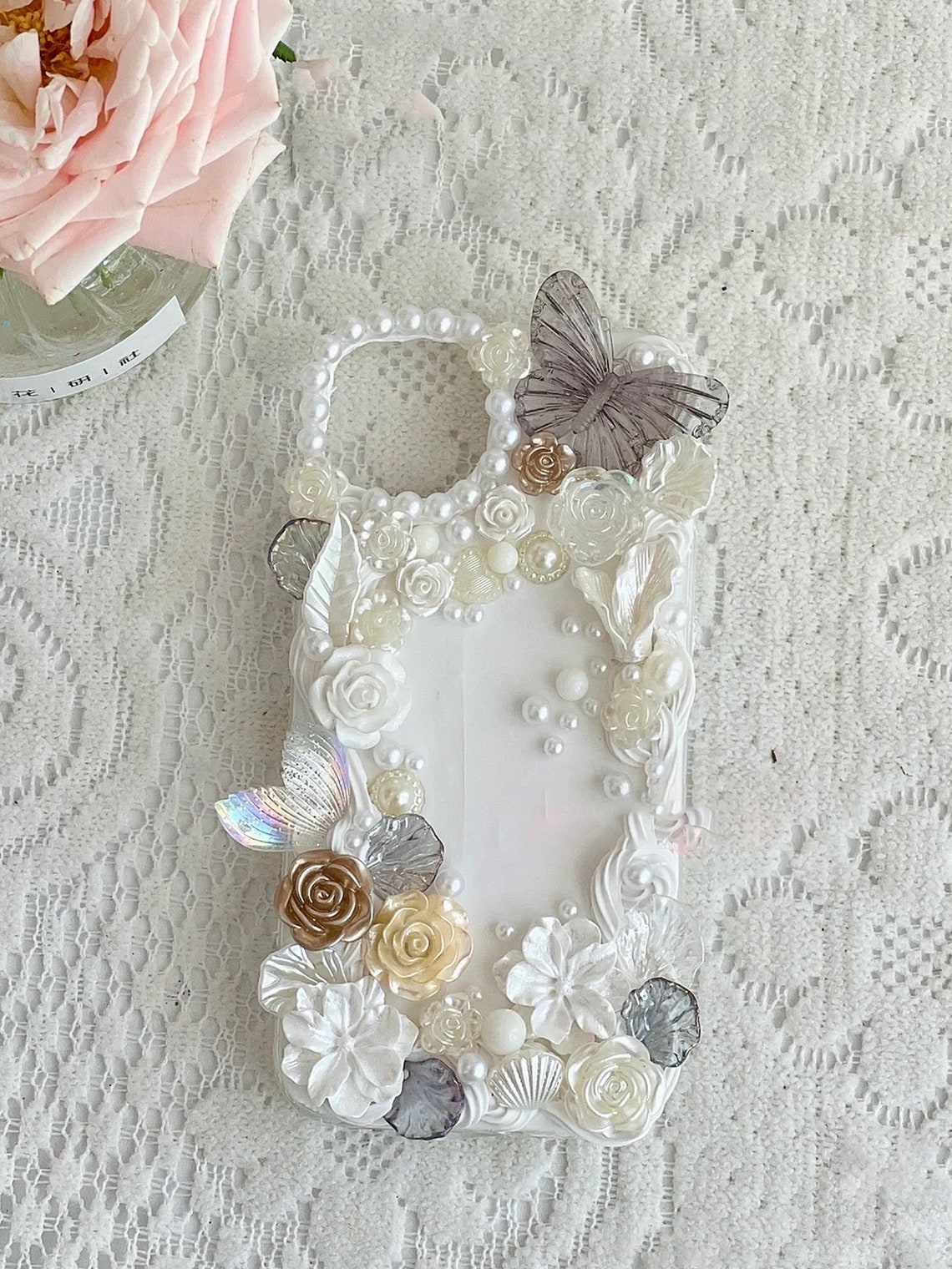 White Baroque With Gray Butterfly Decoden Phone Case Handmade - Etsy
