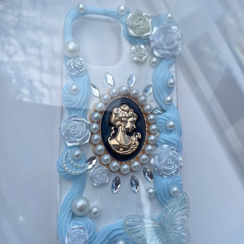 Baby Blue Baroque Style Decoden Phone Case With Pink Butterfly - Etsy