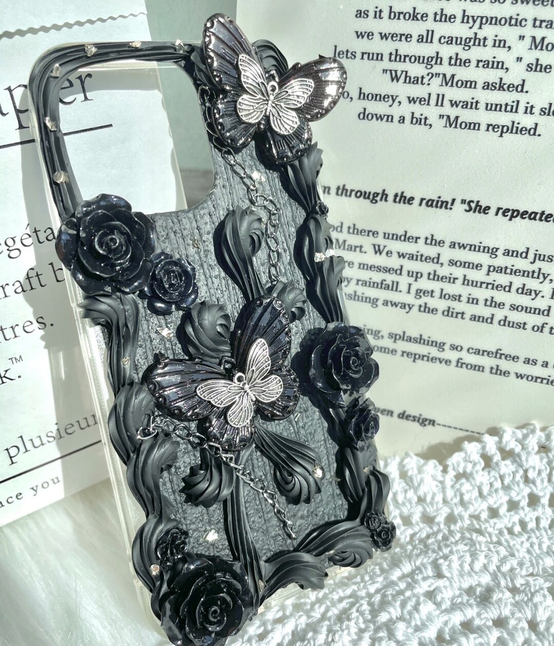 Goth Black Decoden Phone Case for All Brand, Black Butterfly and Chain ...