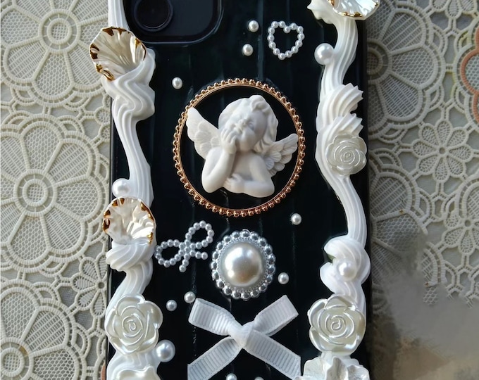 Black and White Decoden Phone Case for All Brand, Baroque Roses White ...
