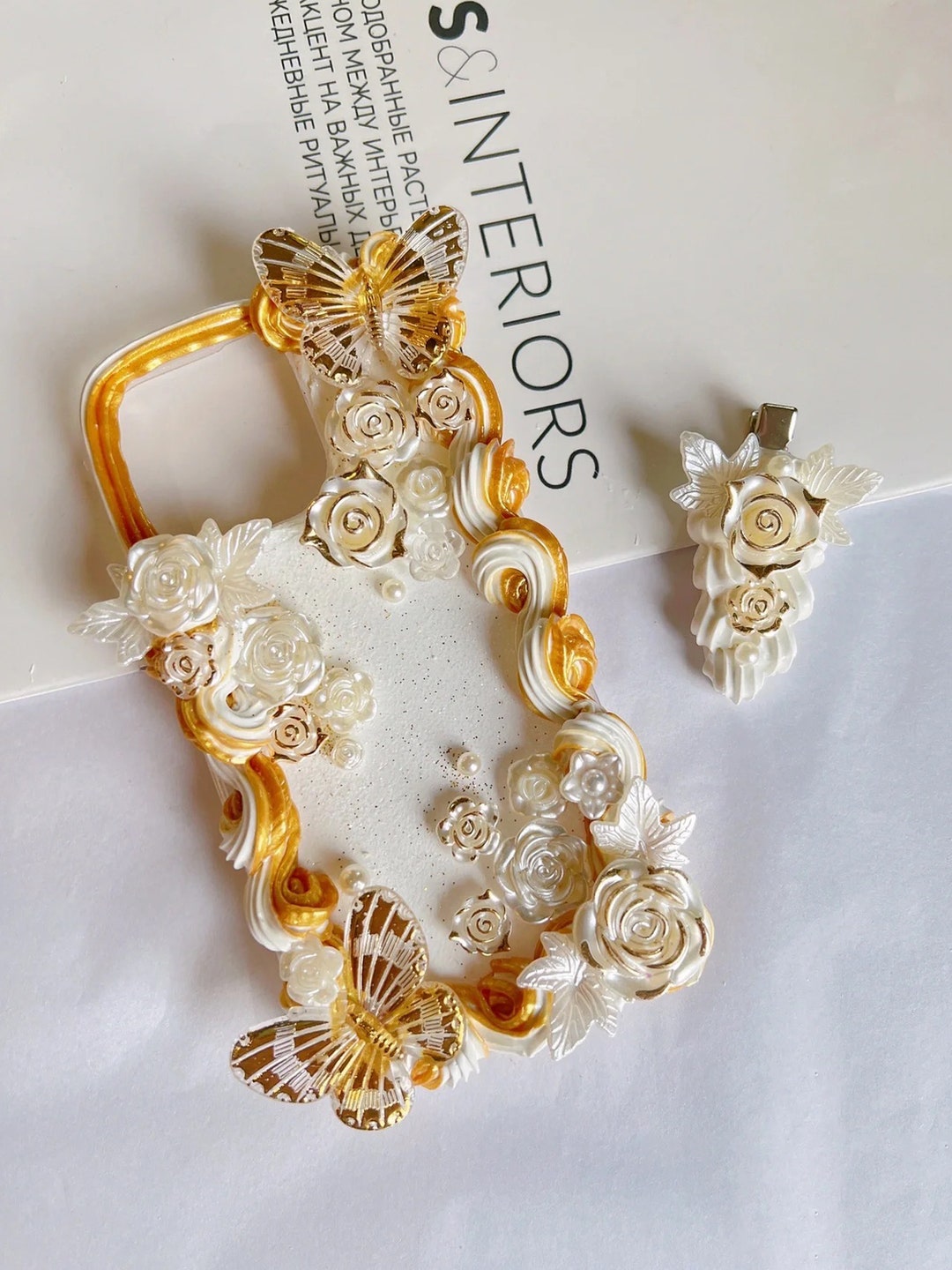 Gold White Retro Baroque Style Decoden Phone Case for All Brand, Gold ...