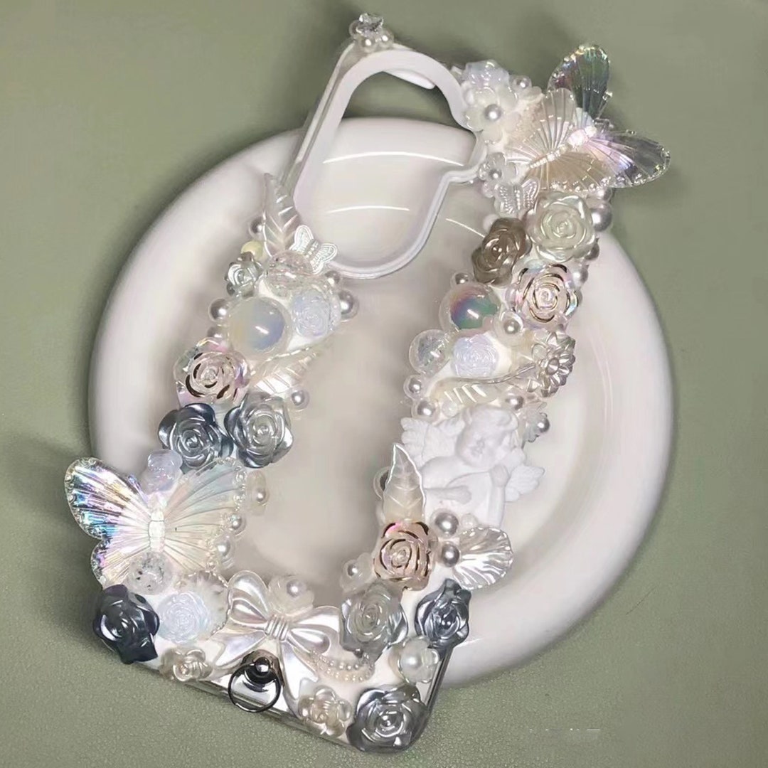 Silver Roses Decoden Phone Case for All Brand, Butterfly Decora Phone ...