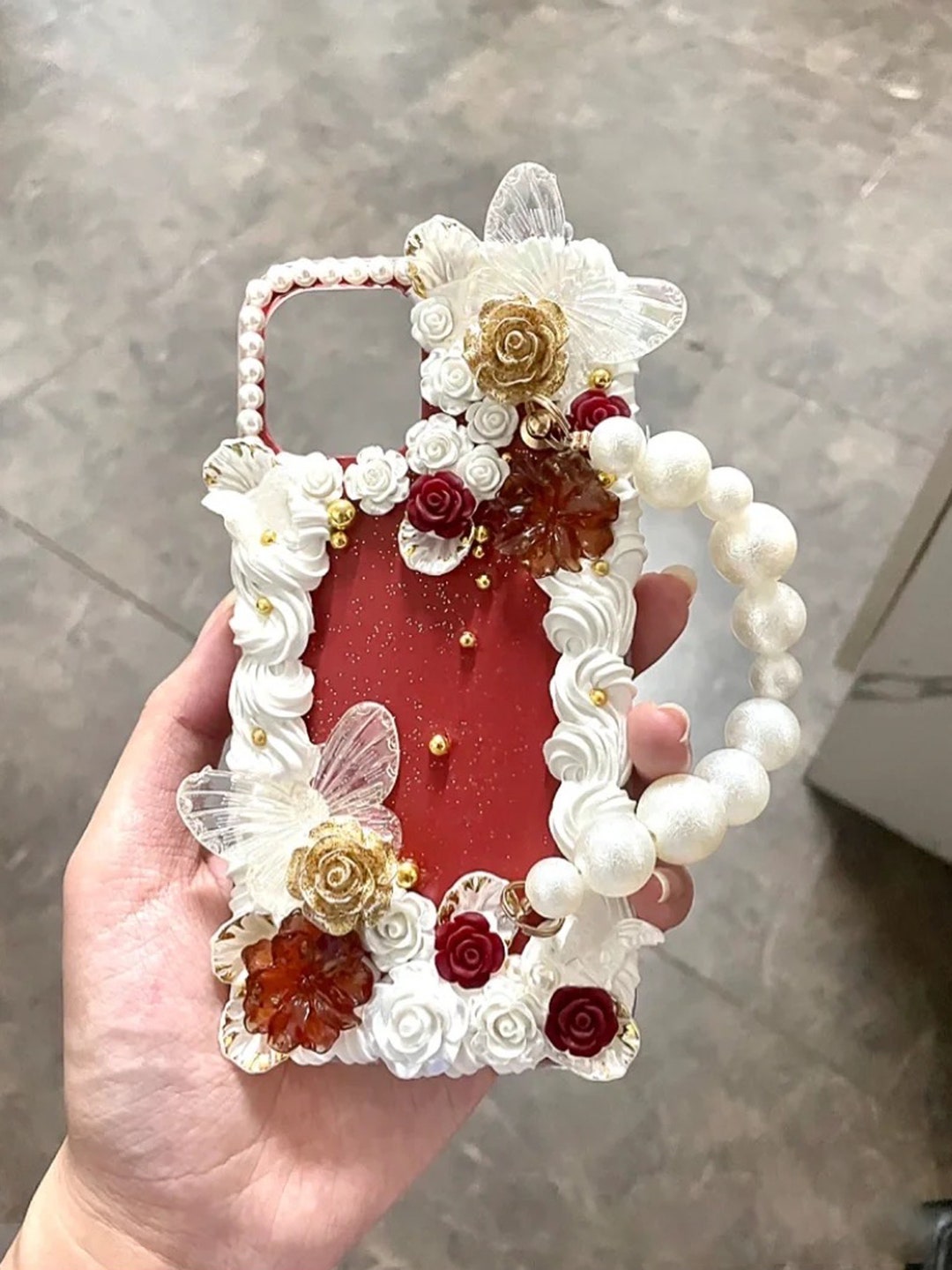 Gorgeous Red and Gold Roses Baroque Decoden Phone Case With Chain ...