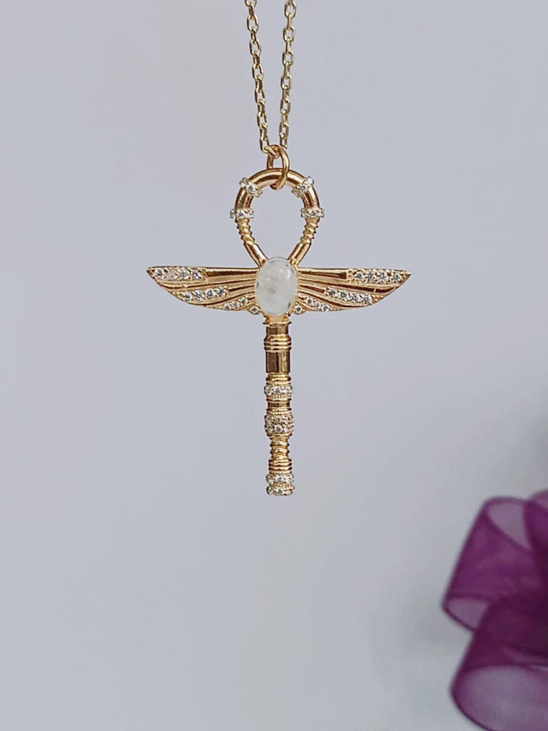 Sterling Silver Ankh Necklace , Natural Moonstone Mythological Symbol ...