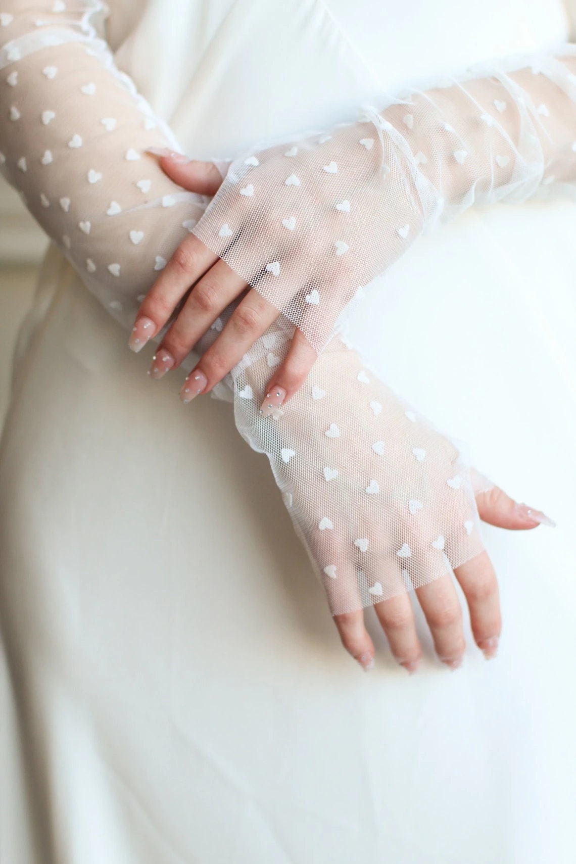 Fingerless Tulle Gloves With Velvet Hearts, Bridal Gloves, Bridal ...