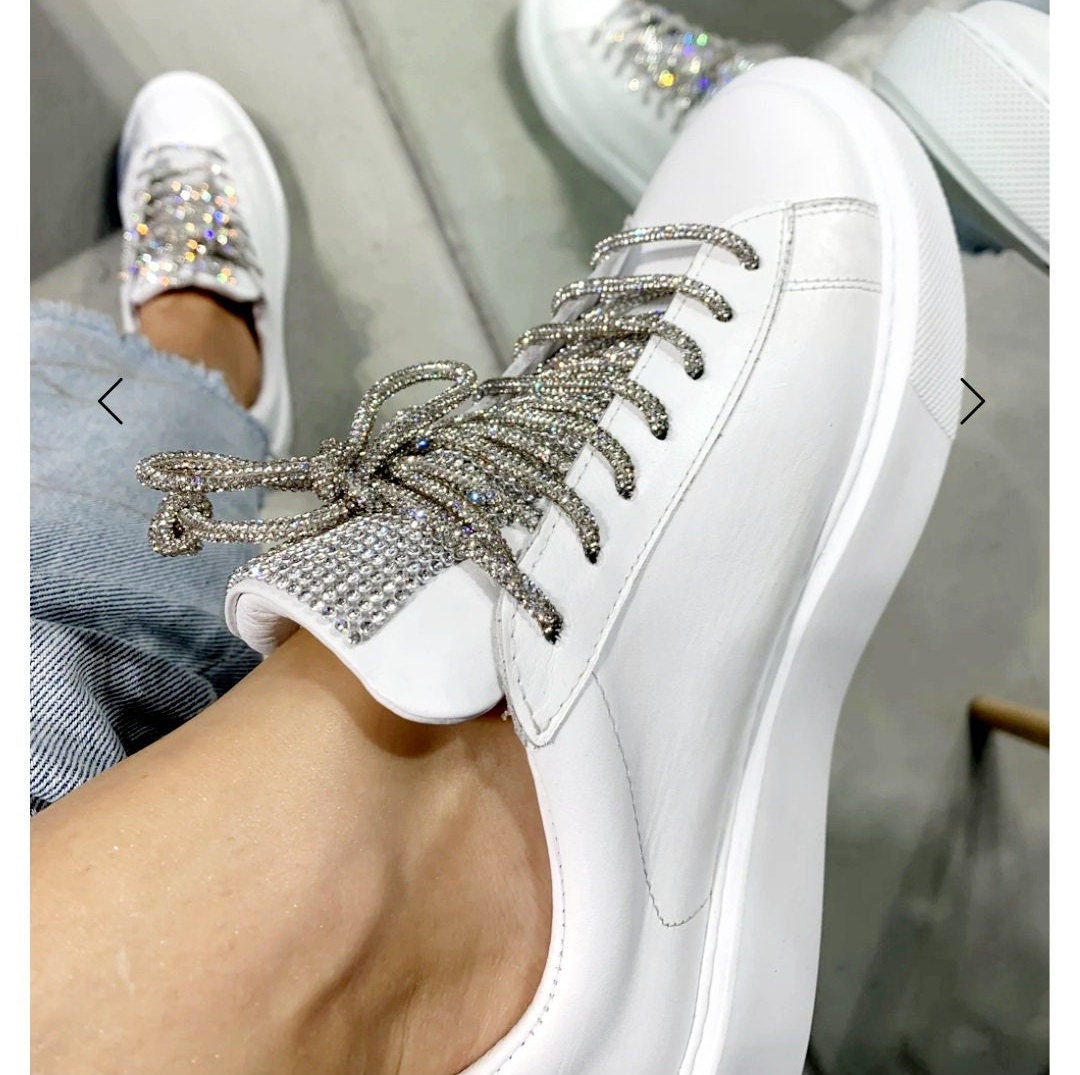 White Leather Sneakers Rhinestones Sneakers Swarovski Shoes - Etsy