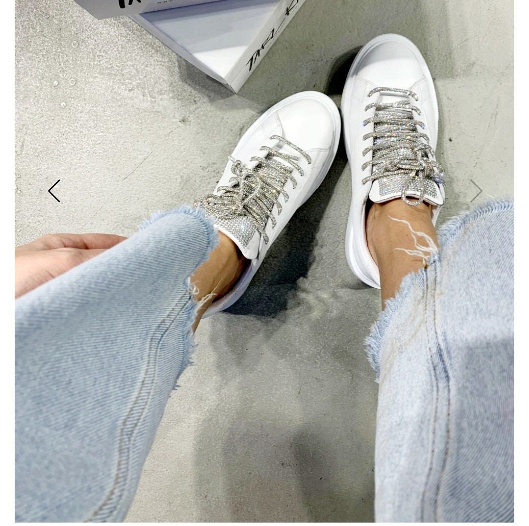 White Leather Sneakers Rhinestones Sneakers Swarovski Shoes - Etsy