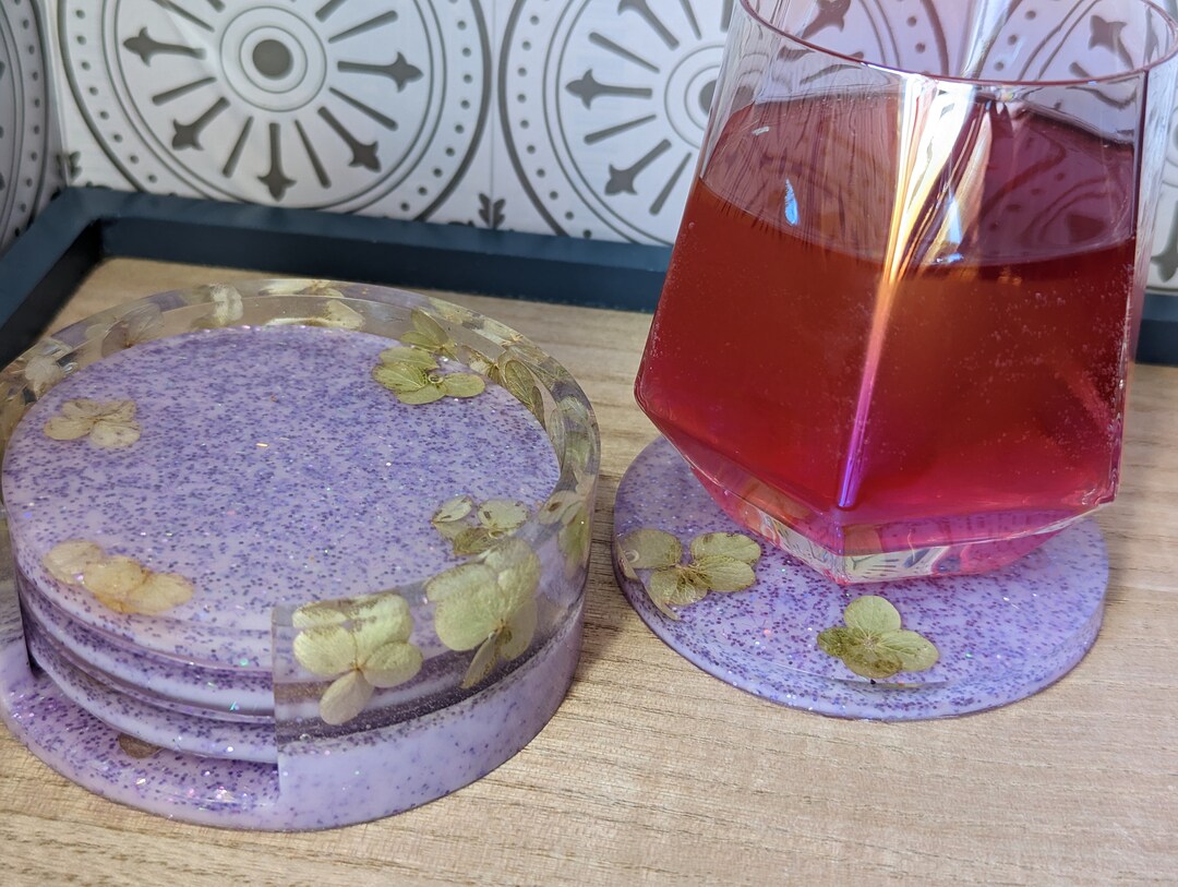 Pastel Purple Glitter and Flowers Coaster Set-featuring Real Dried ...