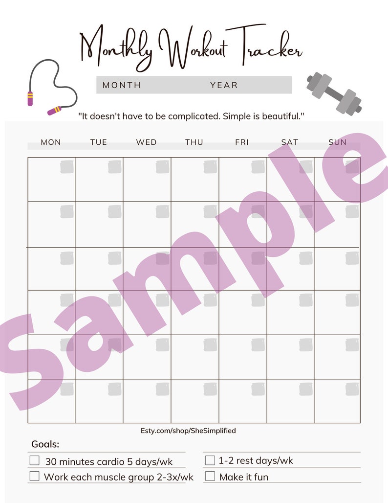 Simple Monthly Workout Tracker | Printable - Etsy