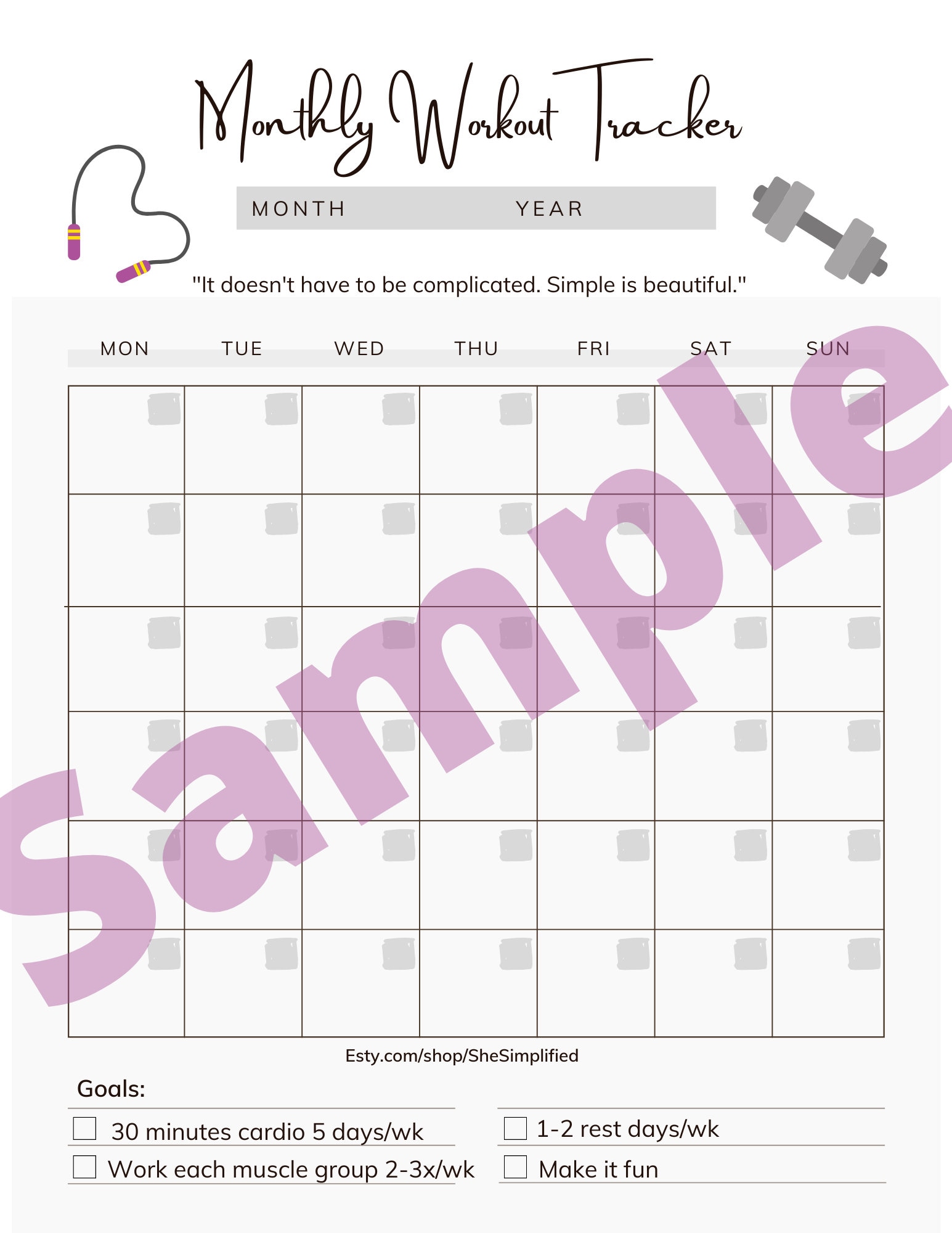 Simple Monthly Workout Tracker | Printable - Etsy