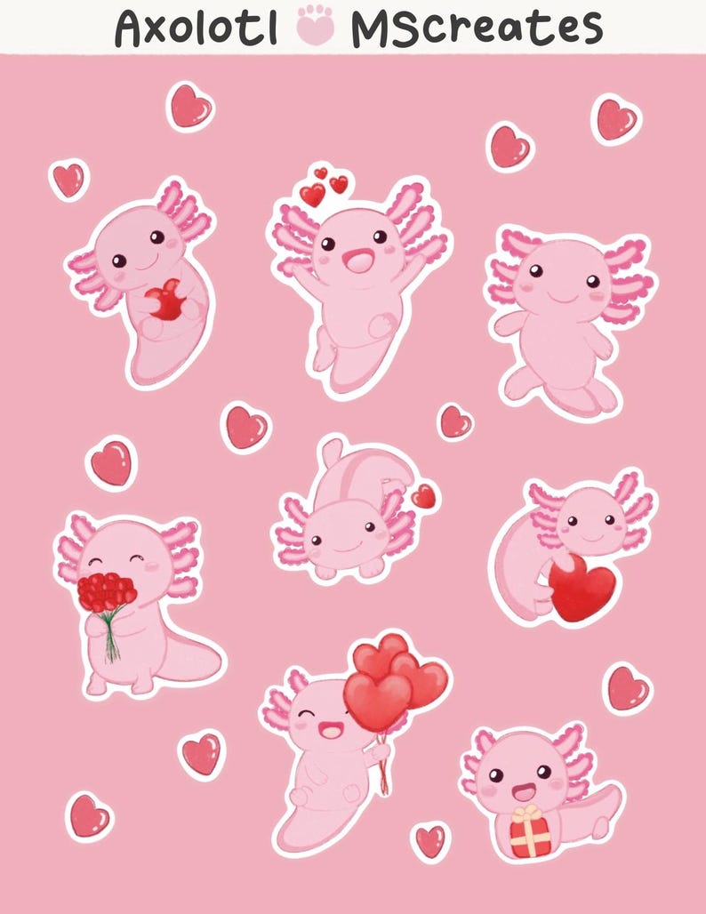 Axolotl Sticker Sheet| Kiss-cut| Vinyl Paper| Pink Salamander|cute ...