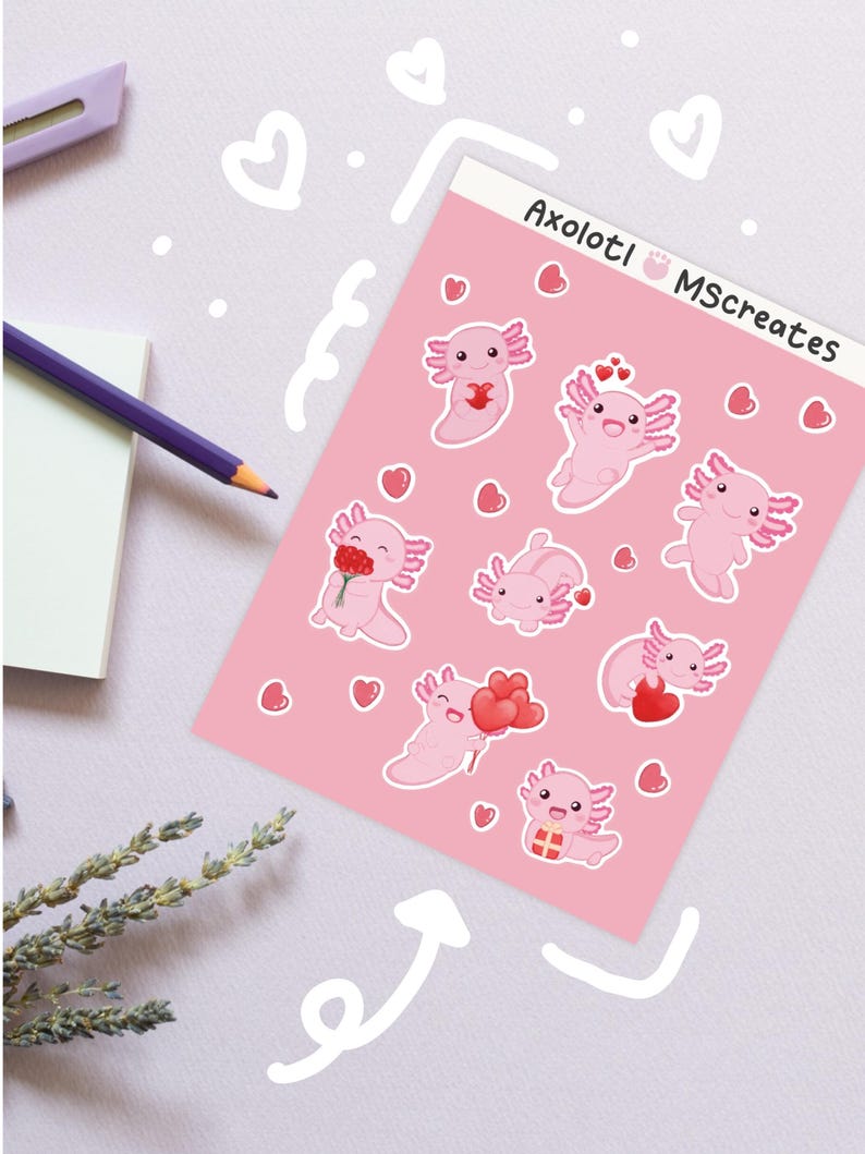 Axolotl Sticker Sheet| Kiss-cut| Vinyl Paper| Pink Salamander|cute ...