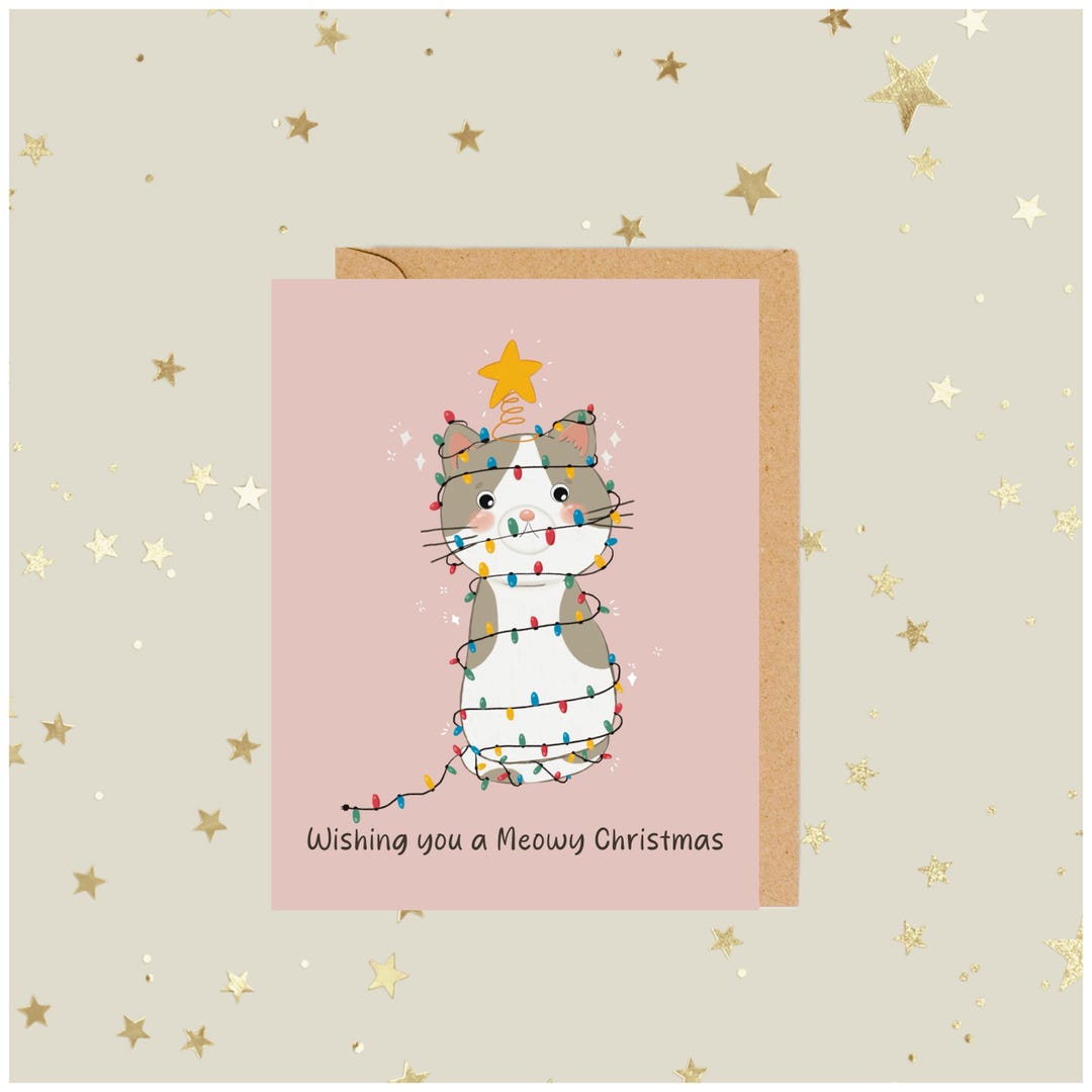 Christmas Greeting Card Catmas Cat Tangled in Lights Decorations Meowy ...